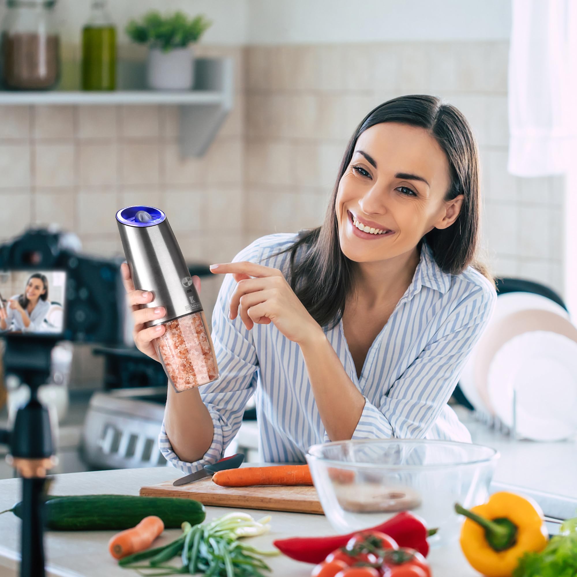 Kitchen Maid Gravity Electric Salt and Pepper Grinder Set Rechargeable, Adjustable Automatic Electric Salt and Pepper Shakers, Stainless Electric Salt Pepper Grinder Mill Rechargeable USB-C