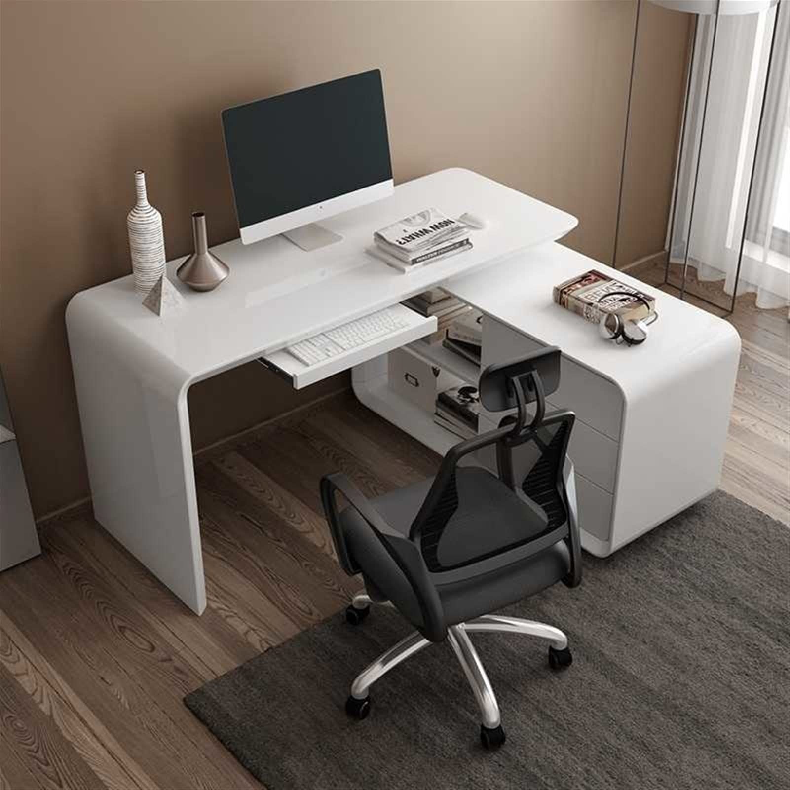 GRFIT Compuer Desk Modern Stylish Multifunctional PC Desk White Corner Table with Bookshelves and Drawers Laptop Workstation Writing Desk with Keyboard Tray PC Desk