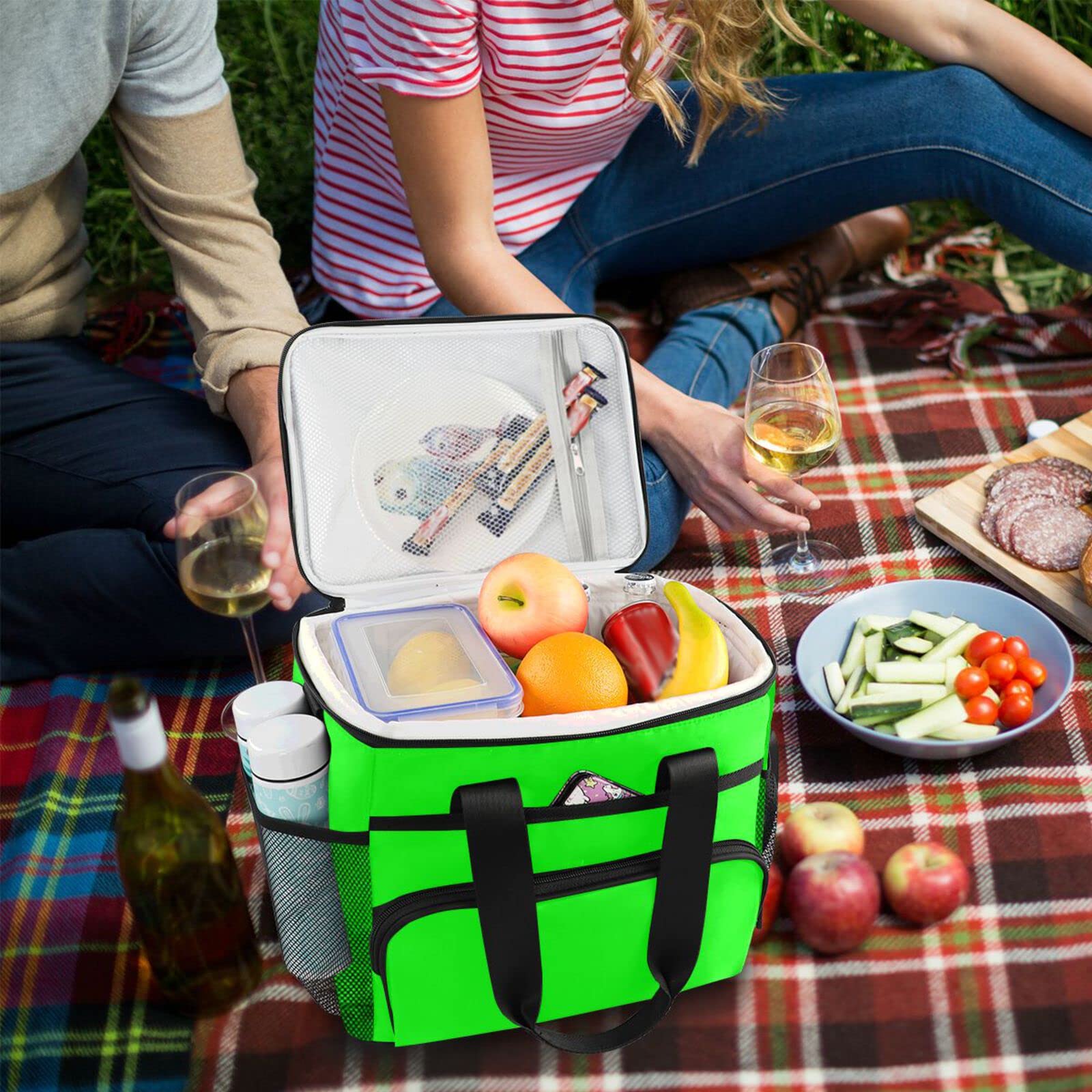 Kigai Insulated Cooler Lunch Bag,Plain Neon Green Solid Color Reusable Leakproof Lunch Box Cooler Bag for Women and Men Work Picnic Beach,with Detachable Shoulder Strapā¦