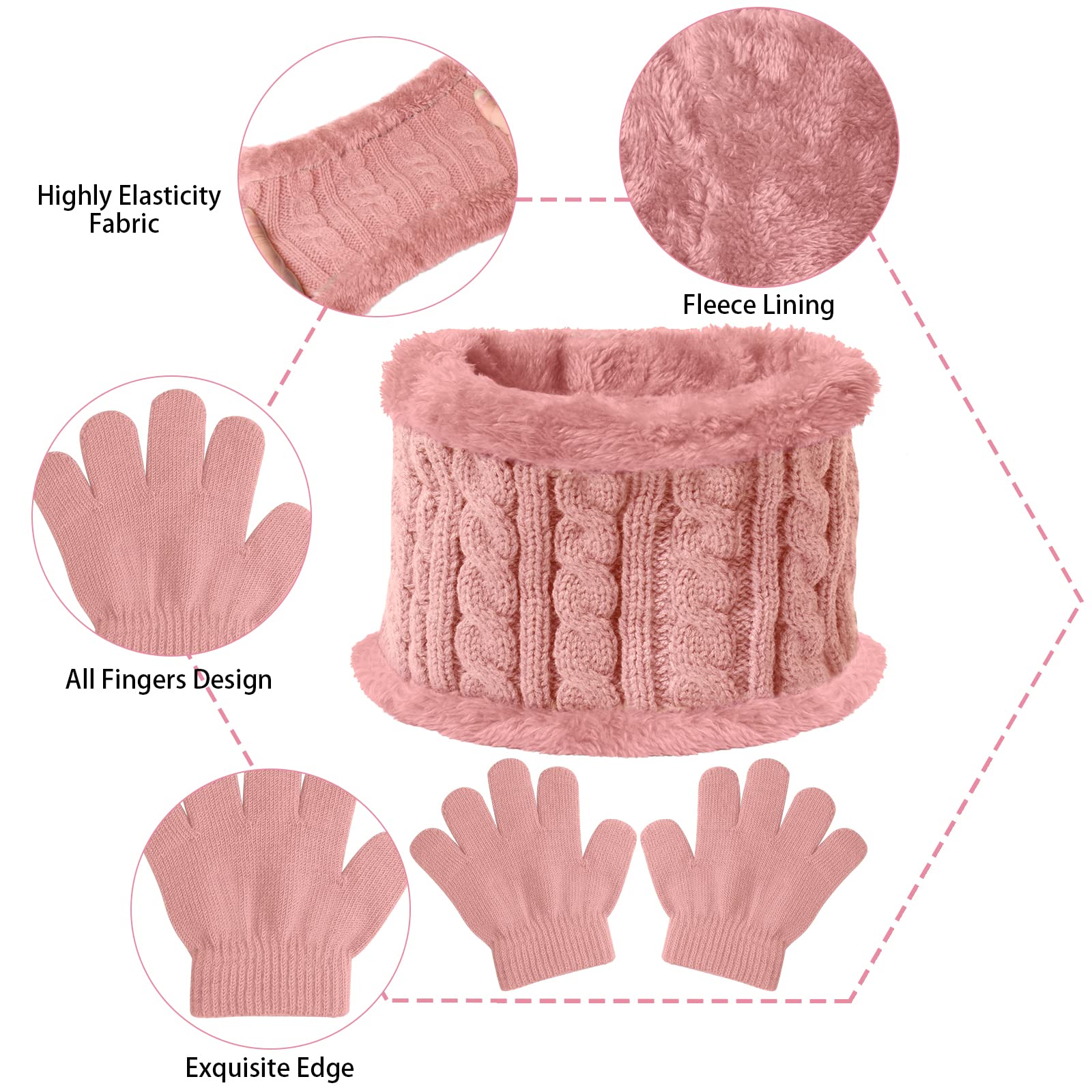Kids Winter Beanie Hat Scarf Gloves Set, Toddlers Knit Winter Warm Double Pompom Cap Scarf Gloves for 1-5 Years Old (Pink)