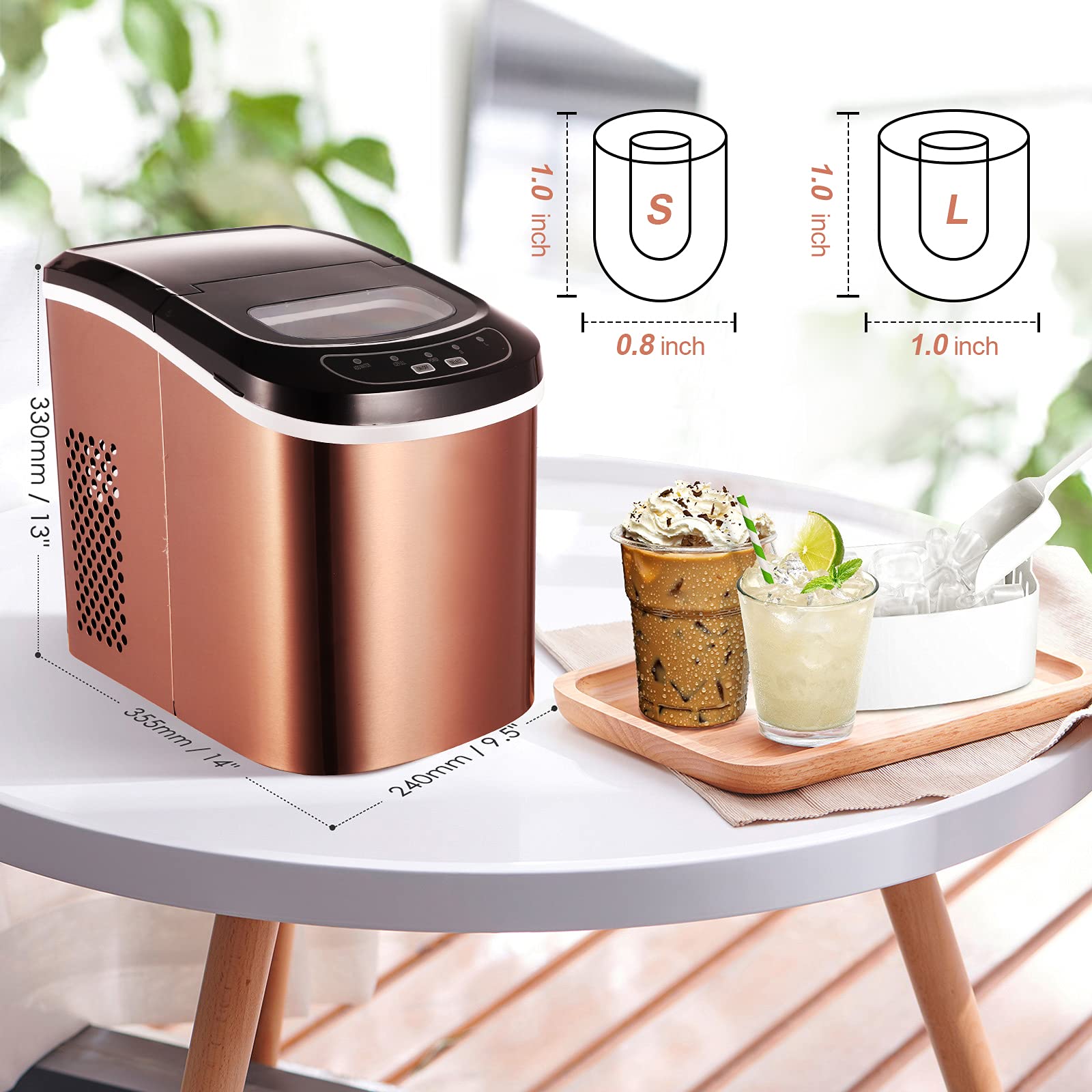 Hicer Counter top Ice Maker Machine with Self-Cleaning- 2 Size Bullet Shaped Ice,9 Cubes Ready in 6-8 Minutes,26LBS/24H-with Ice Scoop and Basket,for Home/Kitchen/Bar/Office (Bronze)