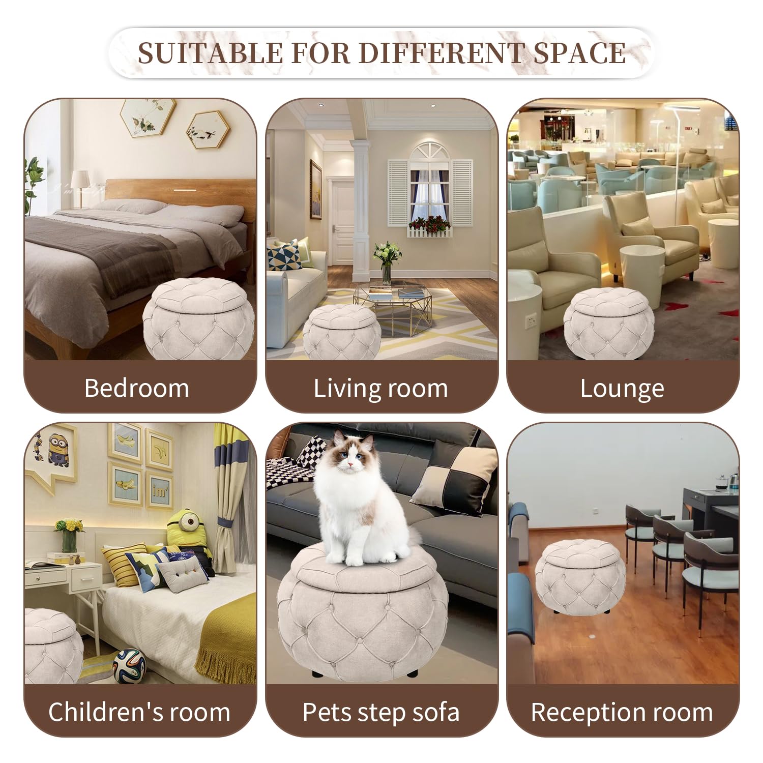 HAIZAO Round Burlap Storage Ottoman, Button Tufted Side Table with Lid, Coffee Table End Table Soft Chair Footrest Footstool for Living Room, Bedroom (Beige)
