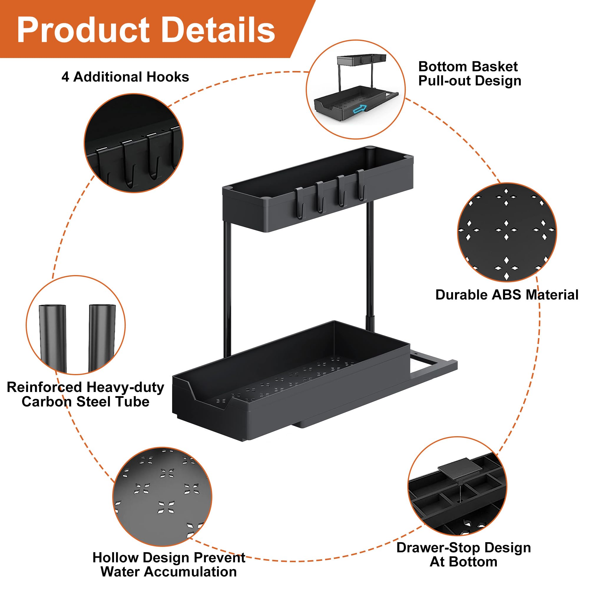 HISKIWUU Under Sink Organizers and Storage L-Shape Easy Assembly,Bathroom Sink Organizer Durable Pull-Out with Sliding Drawer,Under Sink Organizer Large Capacity with Hooks,2 Pack,Black