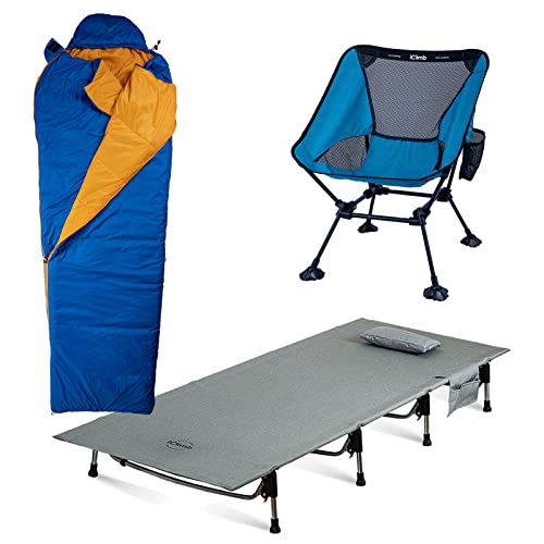 iClimb 1 Anti-Sinking Folding Chair and 1 Super Easy Assemble Cot and 1 Two-Layer 3M Thinsulate Insulation Warm Sleeping Bag Bundle, Ultralight Compact for Single Person Backpacking Camping