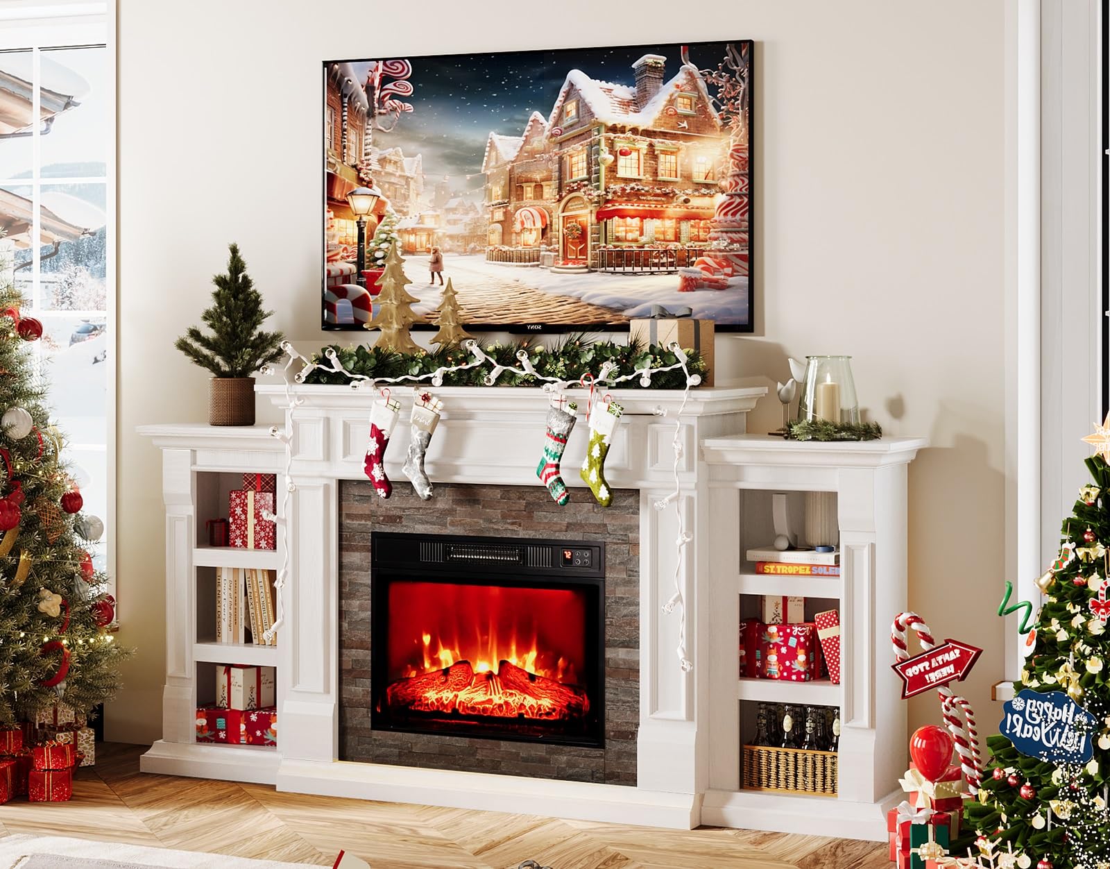 Naice 70" Electric Fireplace with Mantel and Cabinets, Fireplace TV Stand for Living Room Bedroom, Stacked Stone Surround and Remote Control 3D Realistic Flame, White