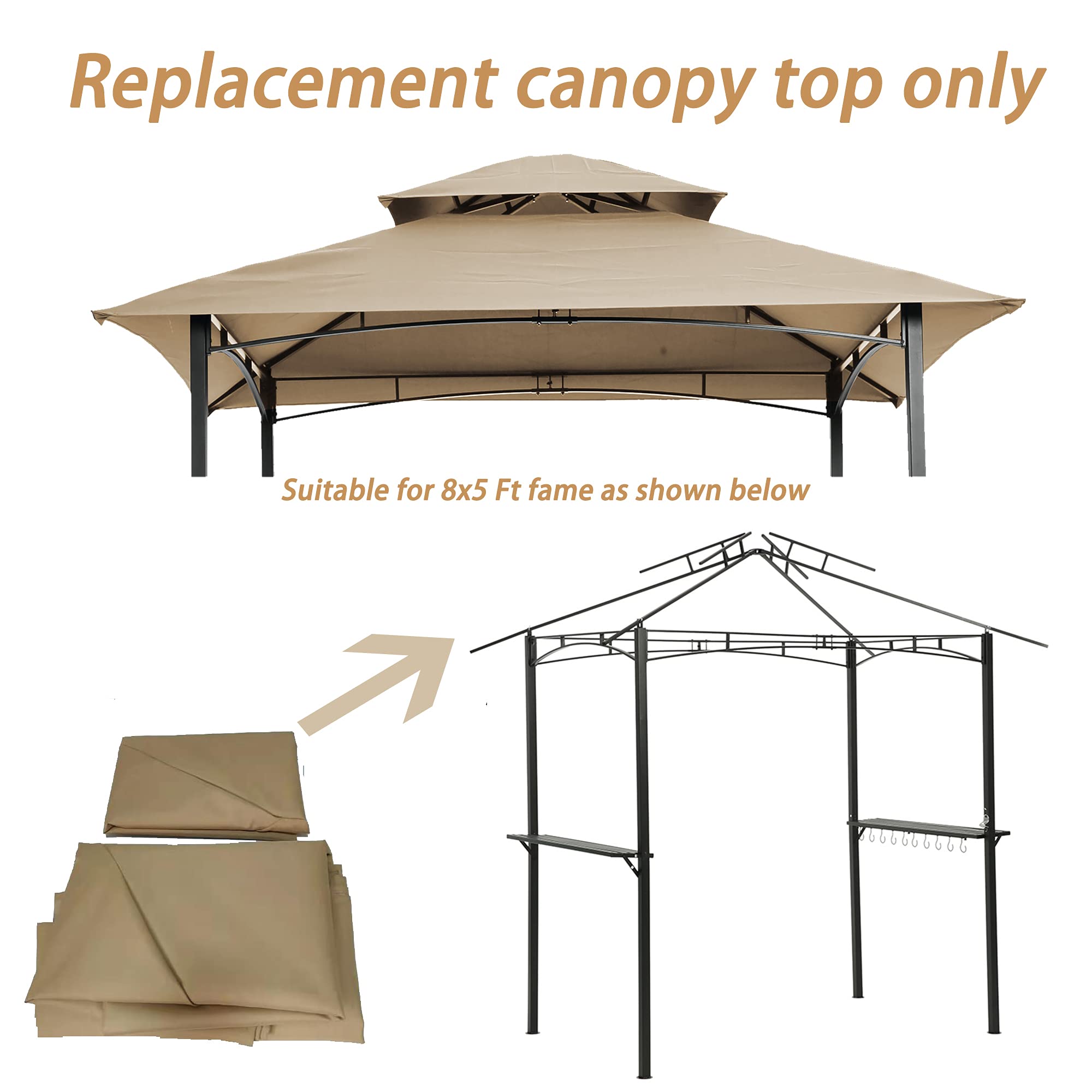 Grill Gazebo Replacement Canopy Roof,Double Tiered BBQ Gazebo,8x5Ft Outdoor Grill Shelter Canopy Top Double Tiered BBQ Tent Cover,Beige
