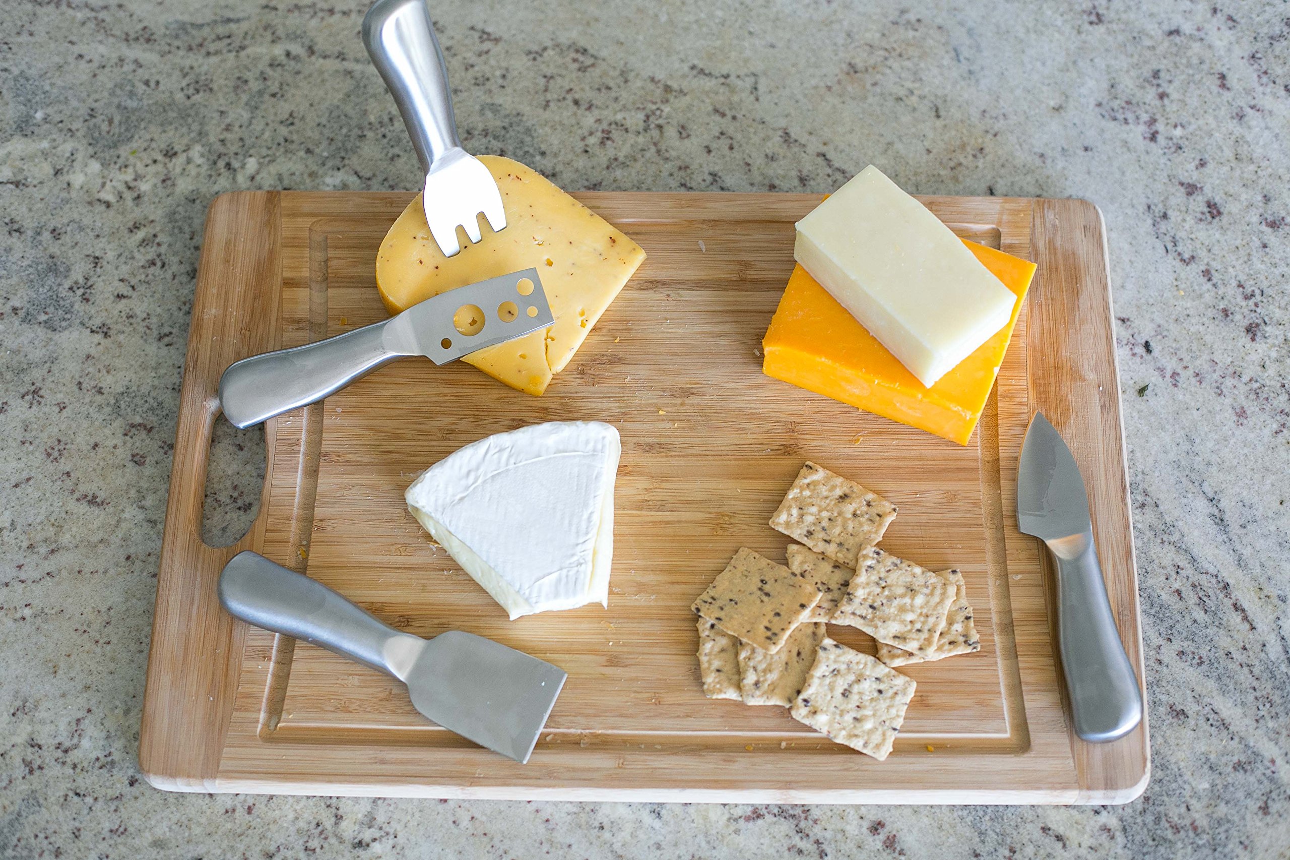 Internet's Best 4 Piece Stainless Steel Cheese Set - Slicer Cutter Knife Fork for Hard Soft Crumble Cheeses - Shaver Spreader Tools