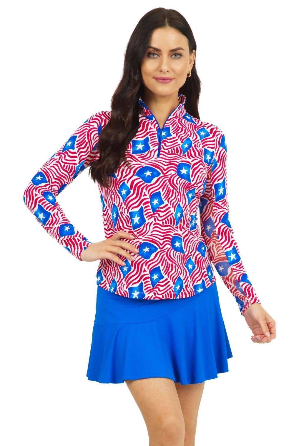 IBKUL Sun Protective UPF 50+ Icefil Cooling Tech Rylee Print Long Sleeve Mock Neck Top with Under Arm Mesh 10193 Blue/Red Rylee M