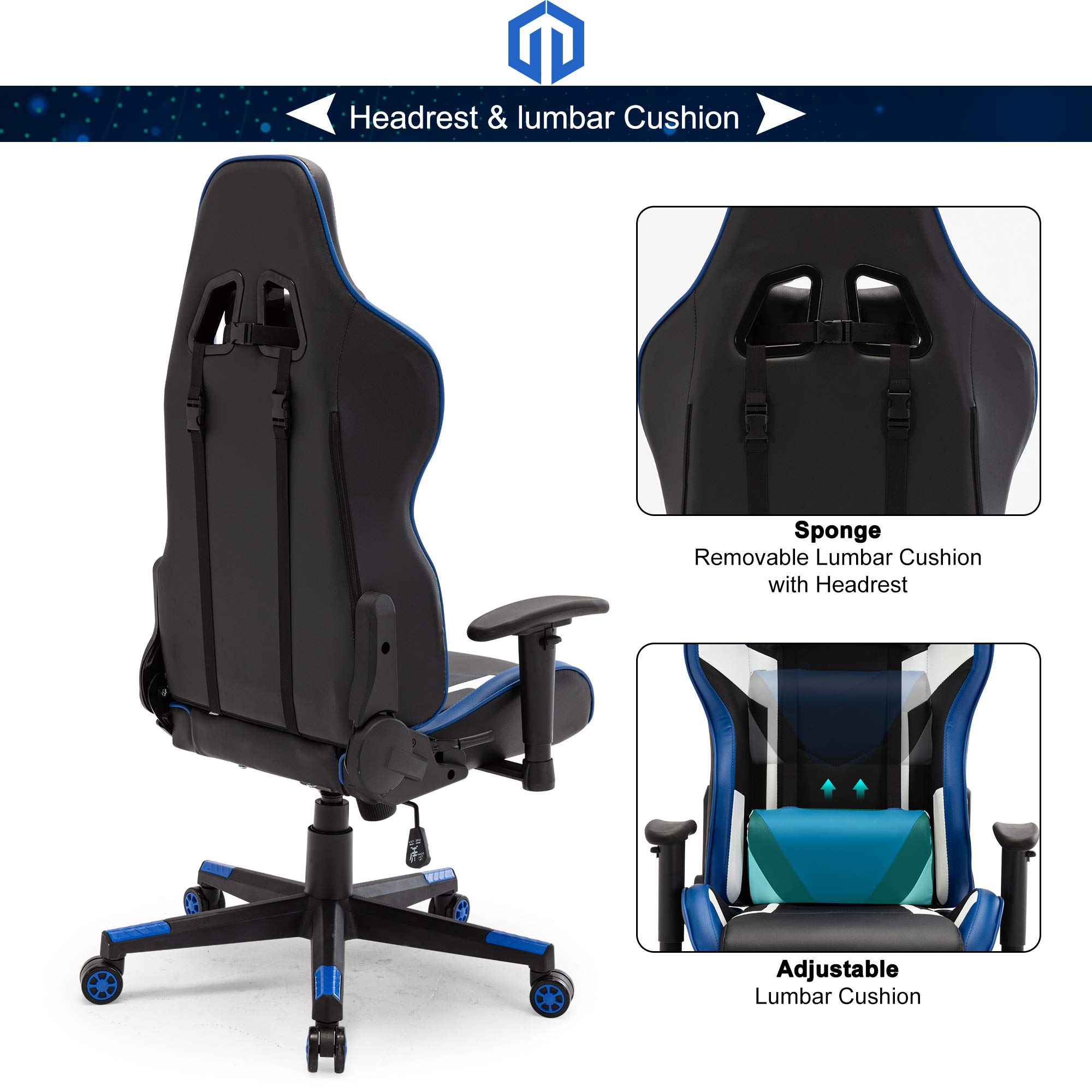 GOTMINSI Racing Gaming Chair, Adjustable High-Back Office Chair, Ergonomic Computer E-Sports Chair with PU Leather Headrest and Lumbar Support. (BK/Blue)