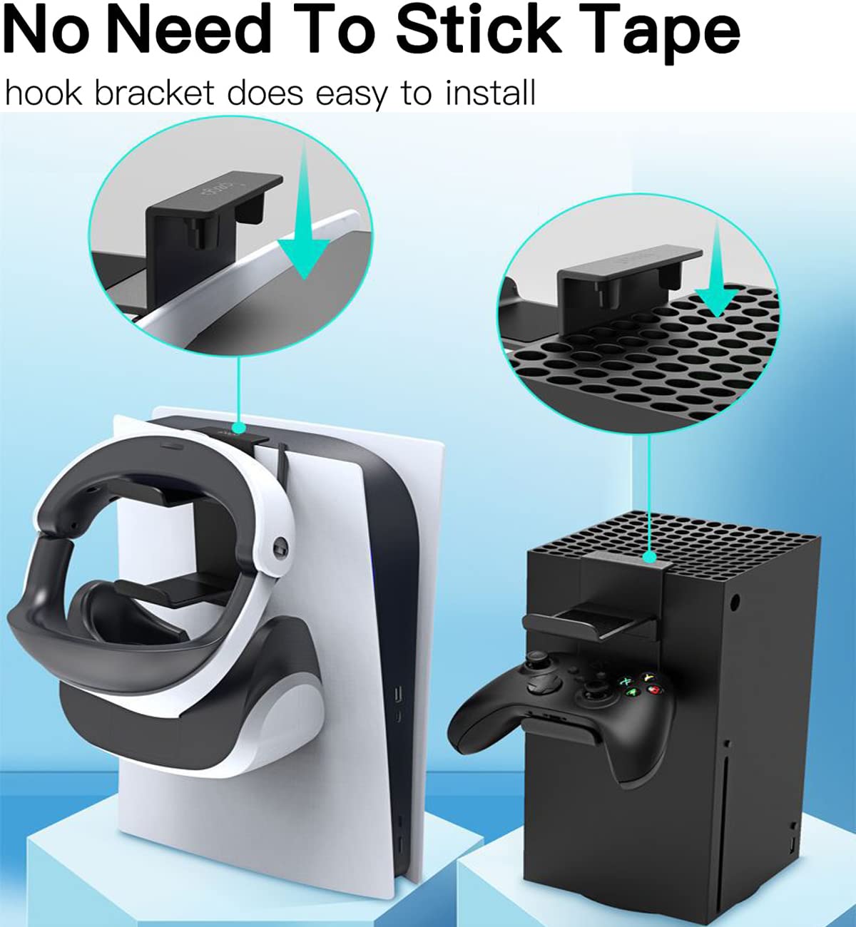 Headphone Hook Holder Stand & Gamepad Controller Stand for PS5, Xbox Series X, Screwless Portable Storage Rack Accessories - Black