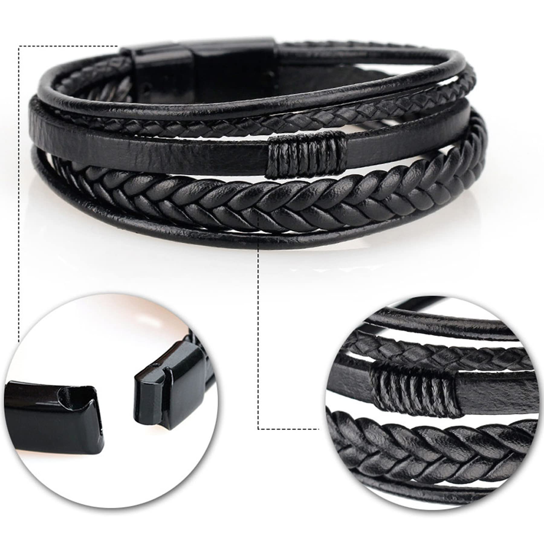 Jaslee Multi-Layered Cowhide Leather Braided Bracelet Men Women 8.3 Inches Gifts for Couple-Brown&Silver