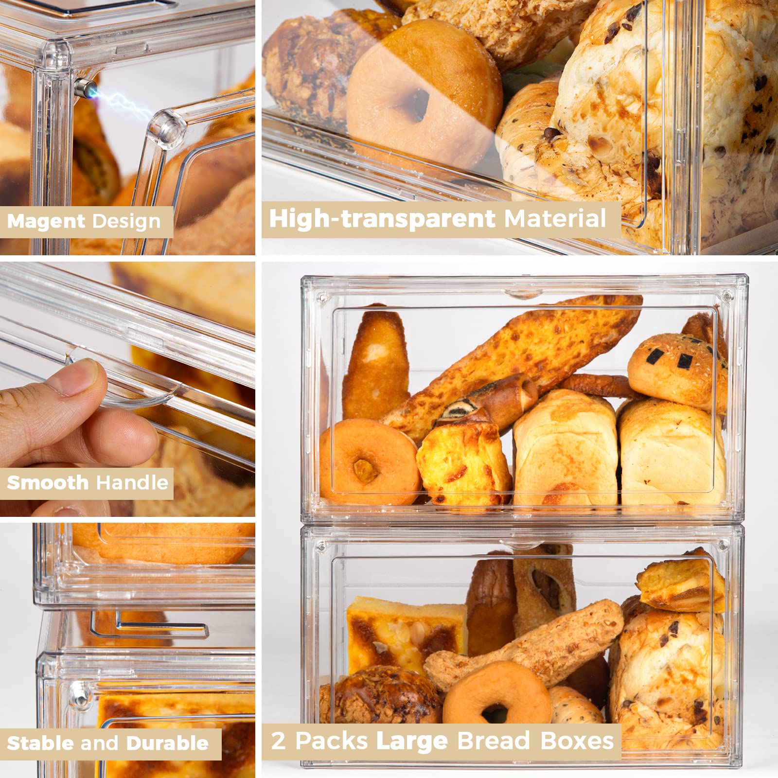 GROPKNIO 2pcs Large Bread Box Kitchen Countertop upgraded - Large Capacity Transparent Bread Rack Storage Box, 20 Sheets of Greaseproof paper-Stackable Double-Layer Bread Pantry Storage Container
