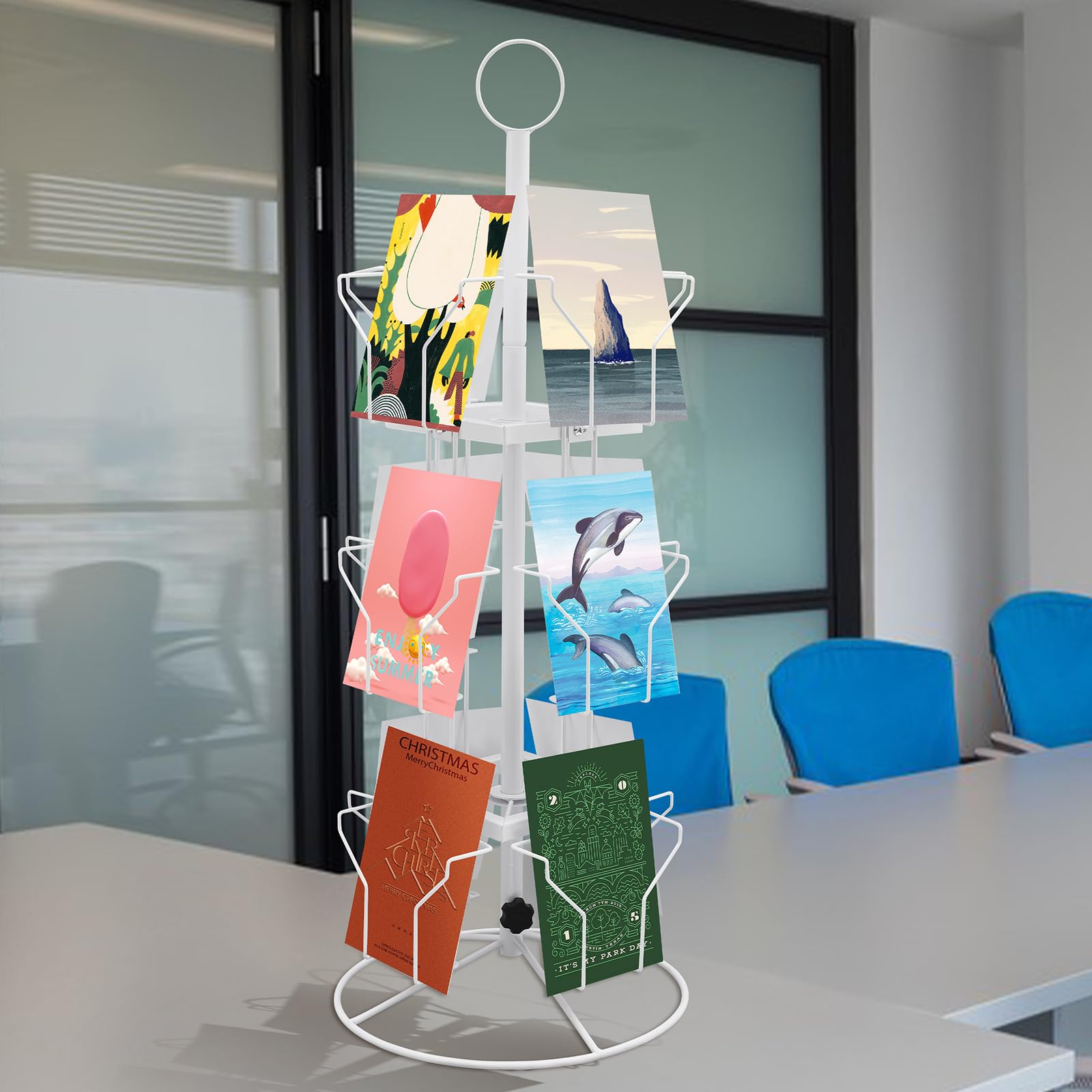 JAJADAH Rotating Greeting Card Rack, Display Stand Spinning Floor Stand, Pocket Rotating Holder for Classroom Office Library & Shopping Mall (3 Tiers - White)