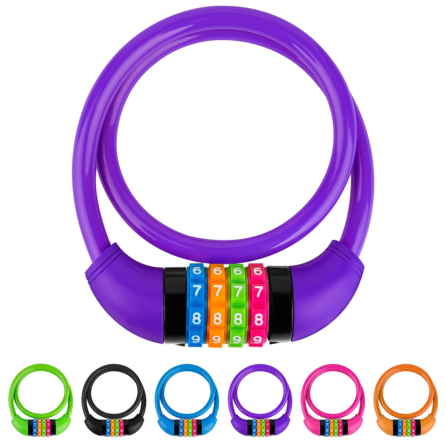 IDEALUX Bike Lock Cable, Bicycle Cable Lock with 4 Digit Combination & Large Lock Head, Resettable Kids Bike Cable Lock, 2 Ft x β
1/2 IN, Lock for Bike, Scooter, Skateboard, motorcycle, E Bike (Purple)