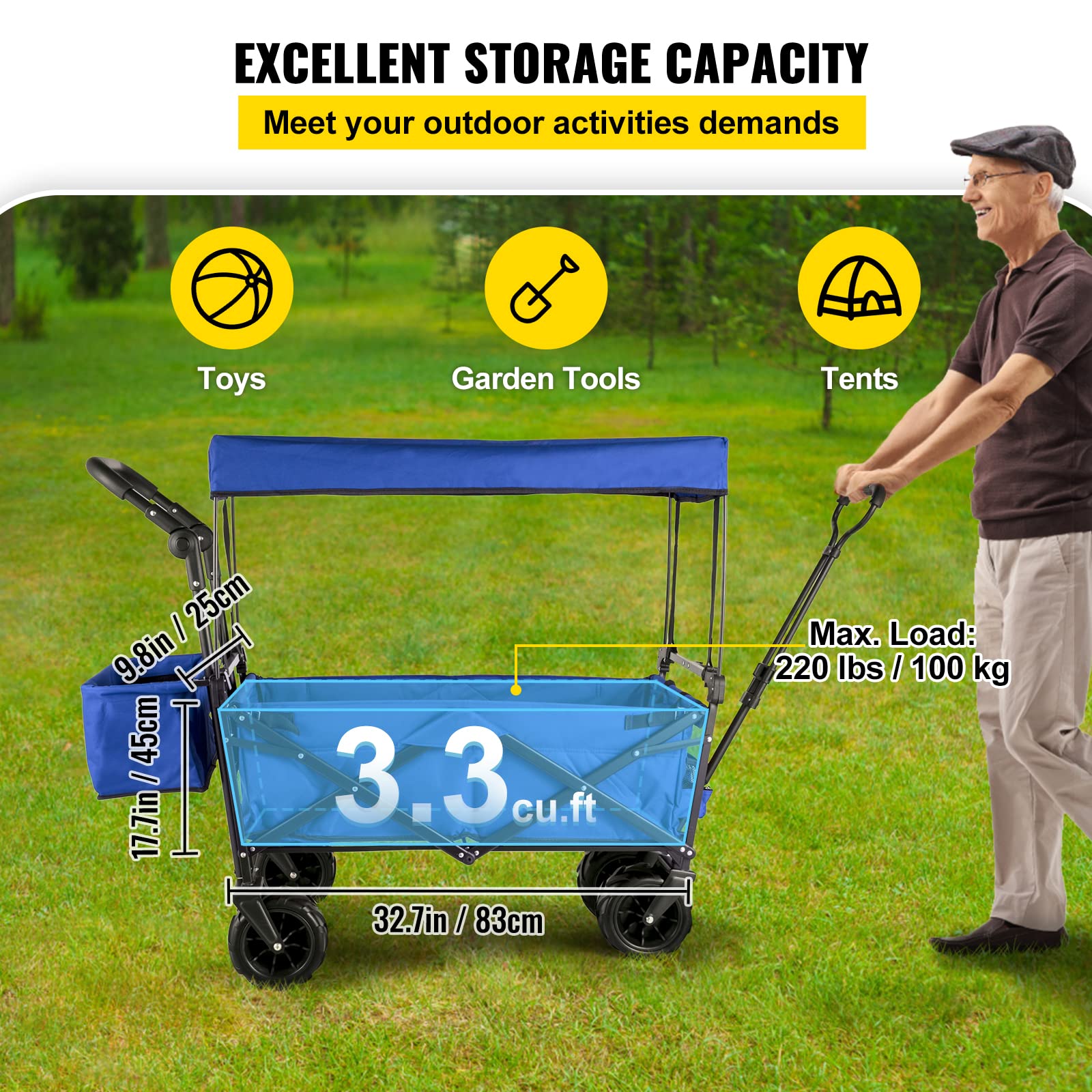 HAPPYBUY Extra Large Collapsible Garden Cart/Wagon with Removable Canopy, 220lbs Capacity Push& Pull Utility Cart with Rear Storage; Upgrad Padded Cotton 600D OxfortSecure Lock (40IN40IN20IN, Blue)