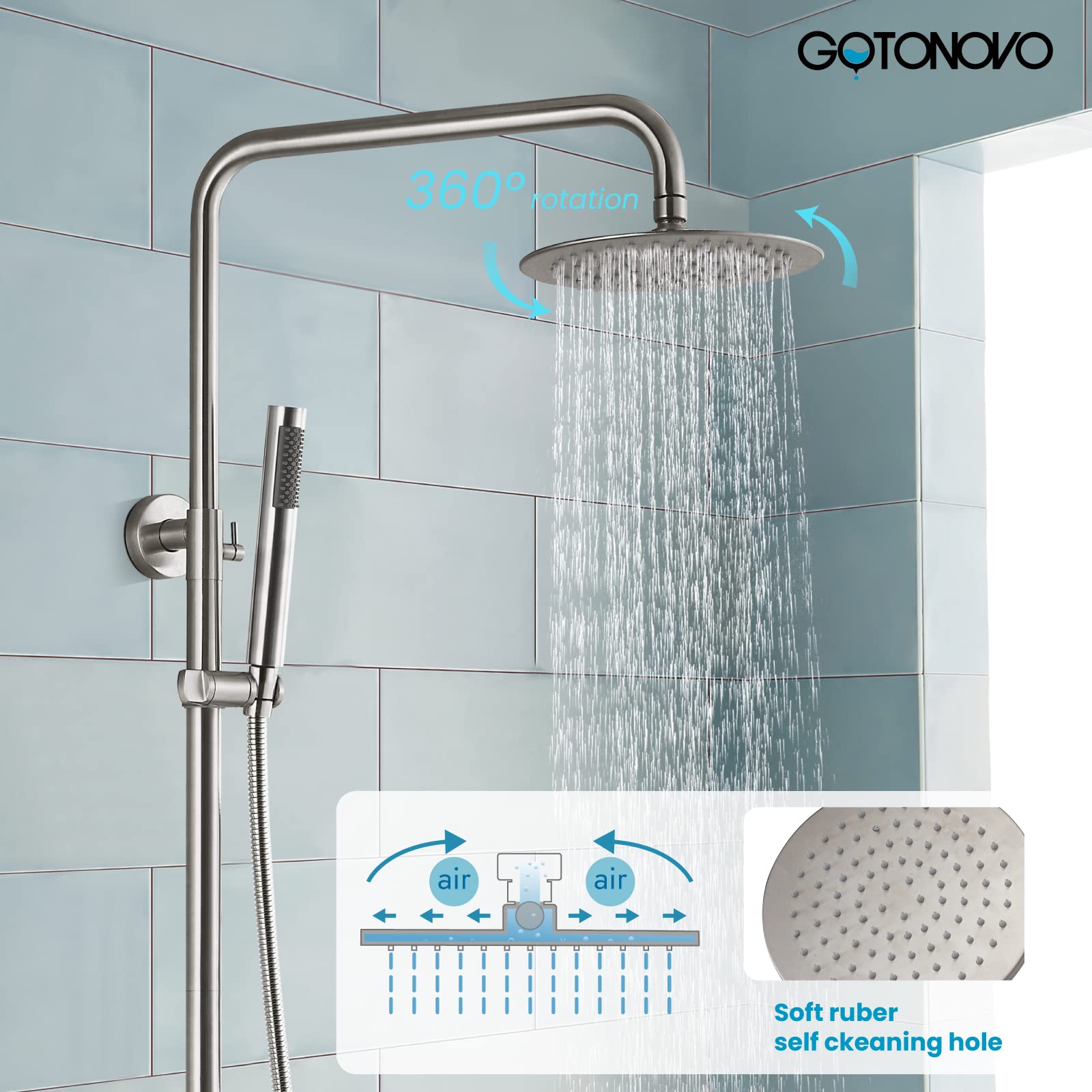 gotonovo Stainless Steel SUS304 Shower Faucet 8 Inch Rainfall Shower Head Cylinder Handle Brushed Nickel Exposed Shower Fixture Wall Mount Shower System With Hand Spray