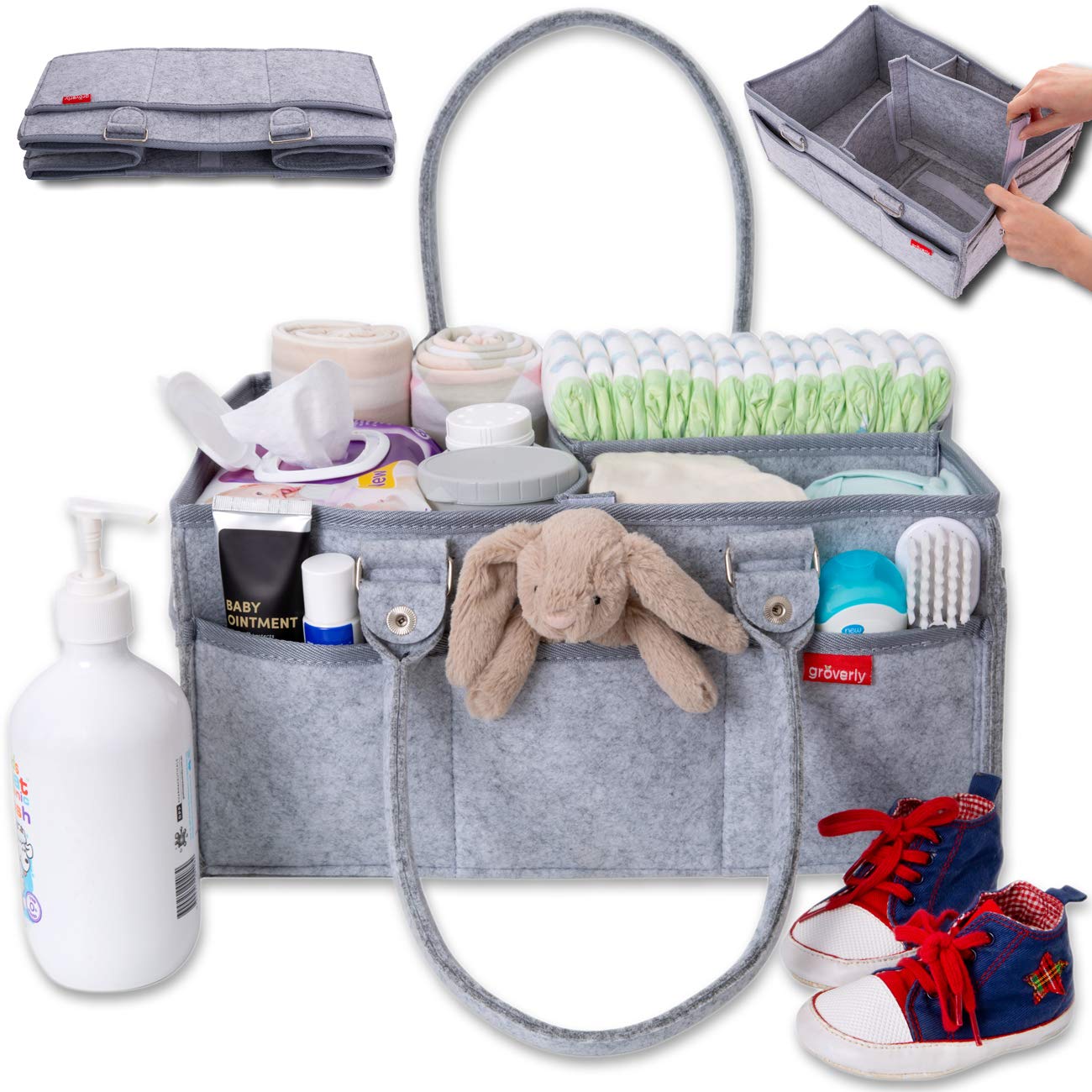 Groverly Baby Diaper Caddy Organizer - Baby Gift Basket | Portable Nursery Changing Table Storage Bag | Removable Handles Grey | Arts Craft Toy Caddy