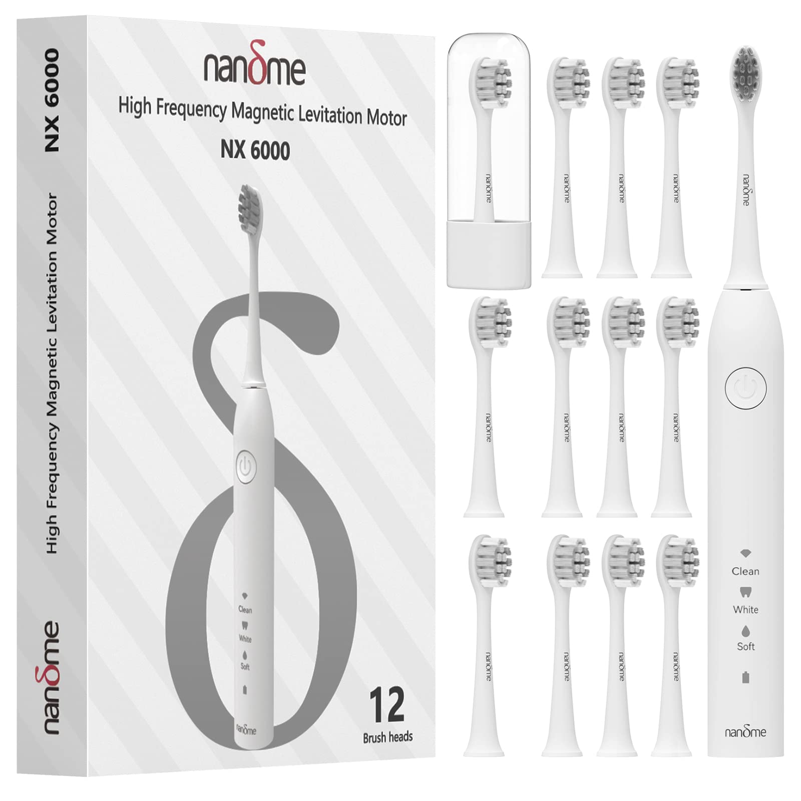 Nandme Sonic Electric Toothbrush - Deep Cleaning, Fast Charging, 12 Brush Heads, IPX7 Waterproof, White