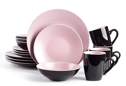 HomeVss Stoneware Two-Tone Colors Life 16pc Dinner Set,Outside Shiny Black + Inside Matte Glaze Rose