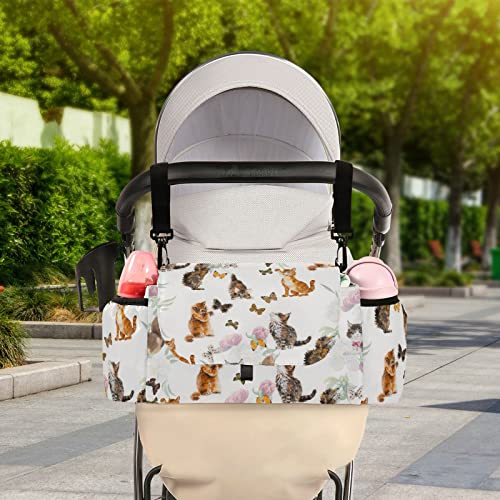 Kigai Cats Butterflies Baby Stroller Organizer with Cup Holders, Secure Hooks Accessories Adjustable Strap Stroller Bag for Bottle, Diaper, Phone, Toys, Baby Items