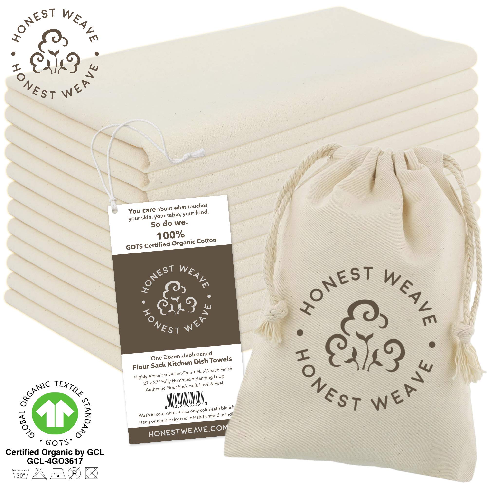 HONEST WEAVE GOTS Certified 100% Organic Flour Sack Cotton Kitchen Hand and Dish Towel Sets - Extra Large 27x27 inches, Fully Hemmed, 12-Pack, Natural Tan