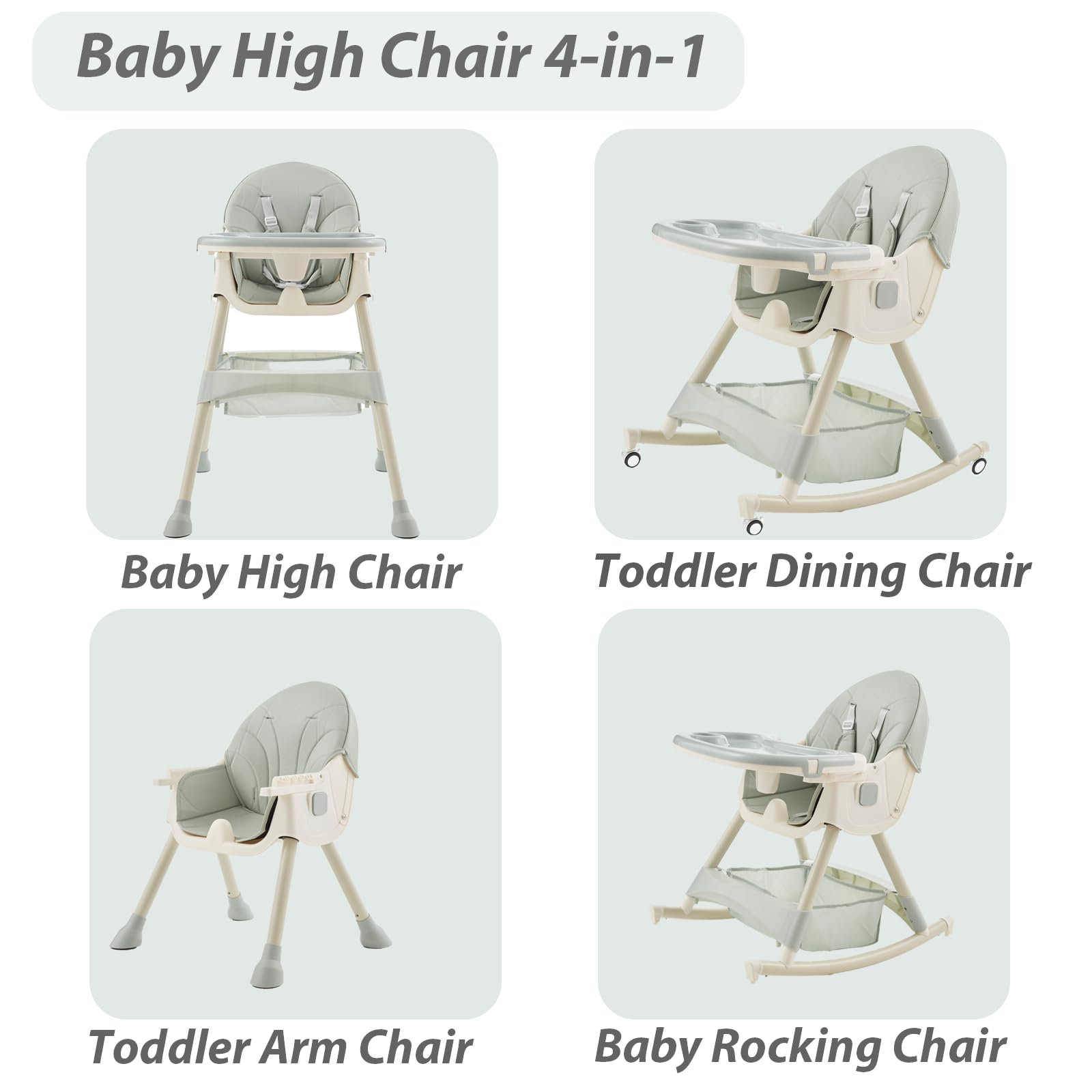 High Chair 4 in 1, High Chairs for Babies and Toddlers, Convertible High Chair with Removable Plastic Tray, 360° Lockable Wheels, Adjustable Backrest & Safety Harness(Green)