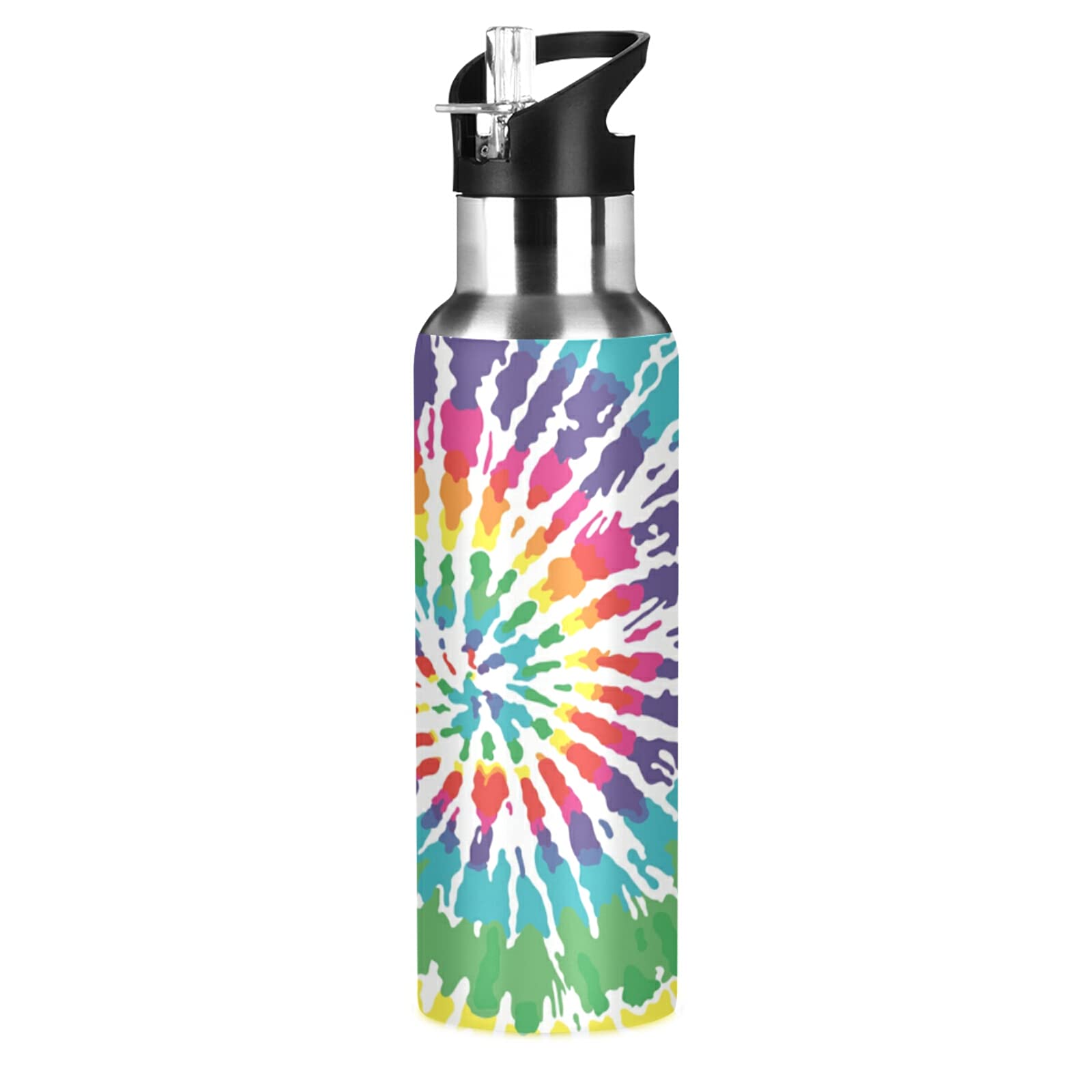Insulated Water Bottle with Straw Lid for Kids and Drivers,Sports and Travel Reusable Double Wall Vacuum-Insulated Stainless Thermos with Wide Handle,BPA-Free,21-Ounce (600ml),Tie Dye