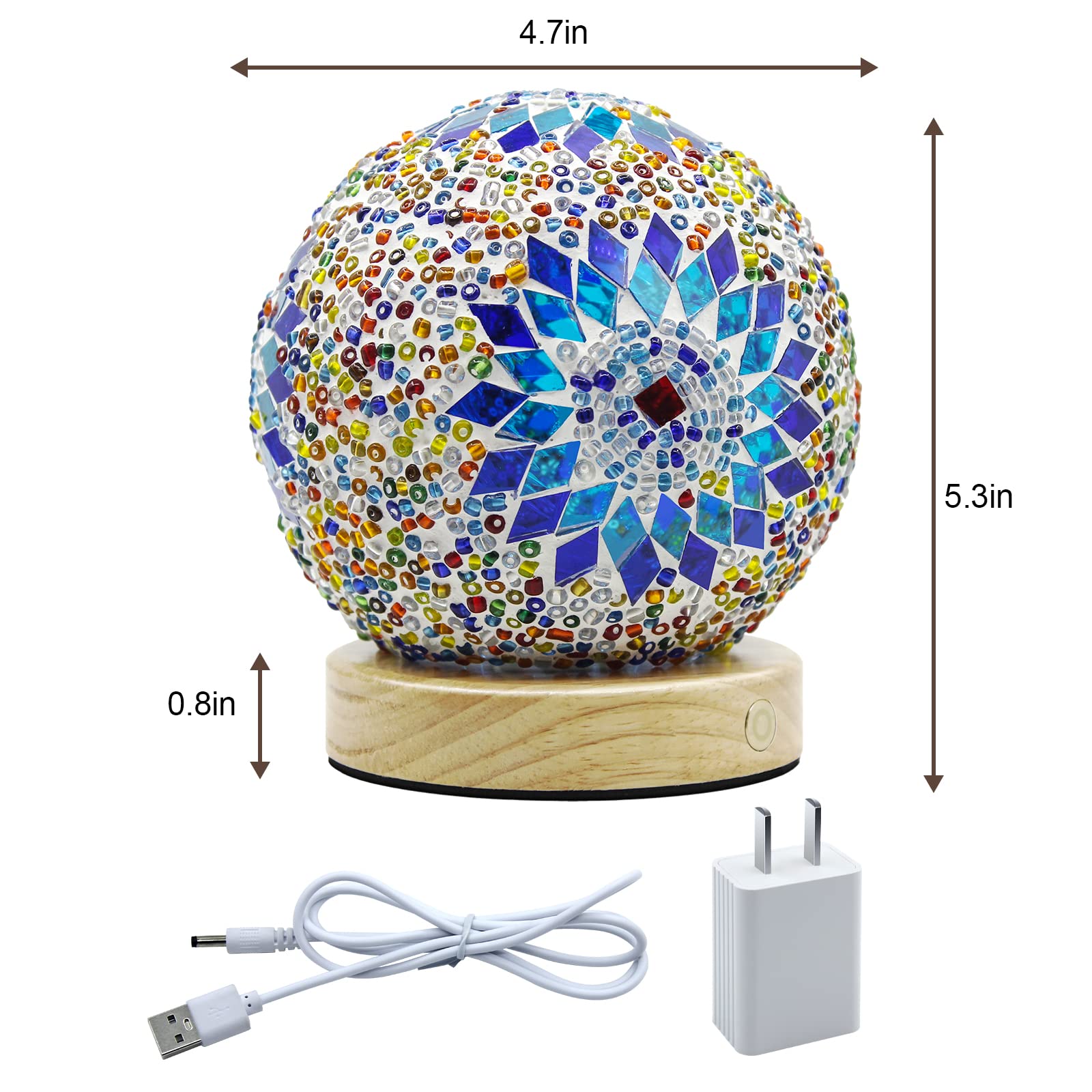hanvate Turkish Style Handmade Night Light with Wooden BaseTurkish Table lamp with Infinitely Adjustable Brightness and USB Charging-fornightlight,Kids Room and Adult Room Bedroom Bedside Lamps