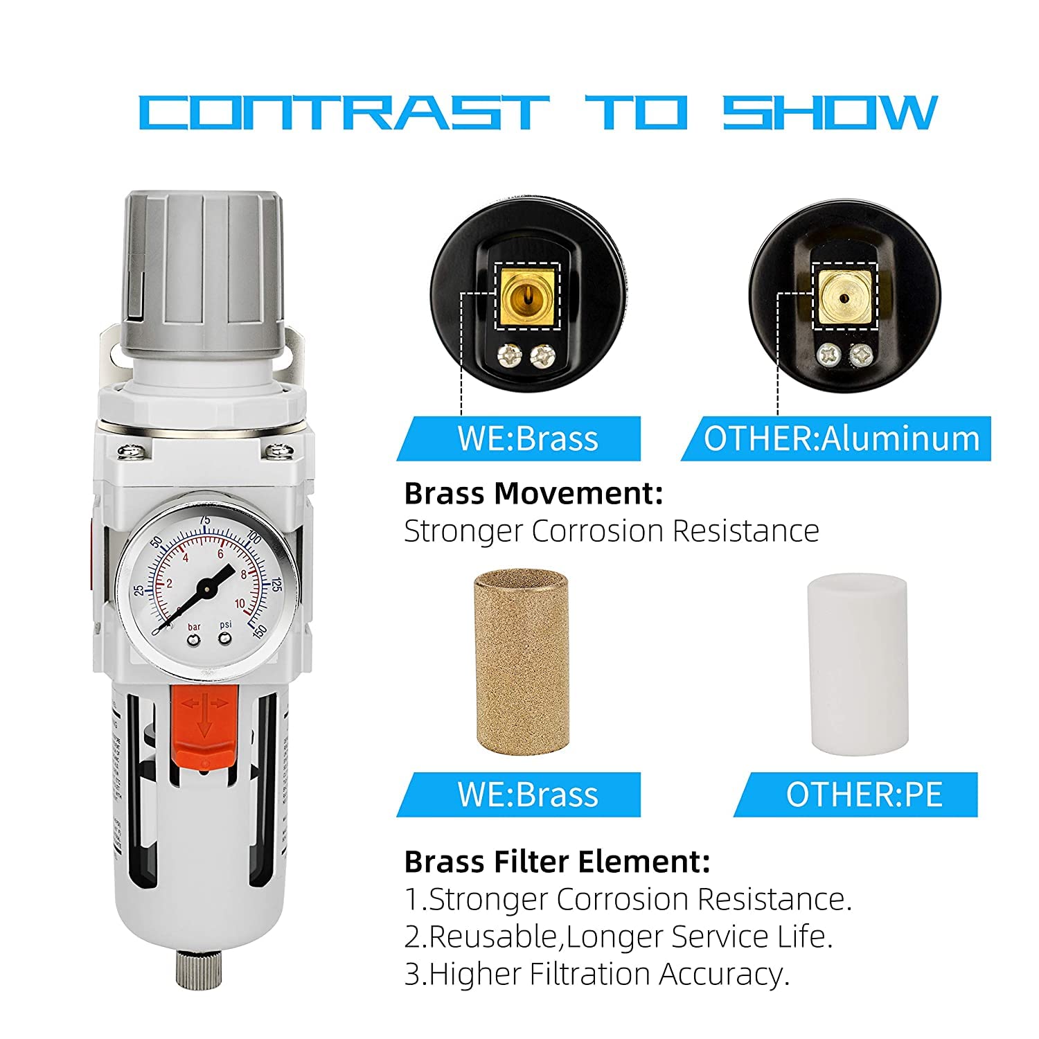 NANPU 3/8" NPT Compressed Air Filter Regulator Combo Piggyback, Auto Drain, 5 Micron Brass Element, Poly Bowl, Metal Bracket, 0-150 psi Gauge