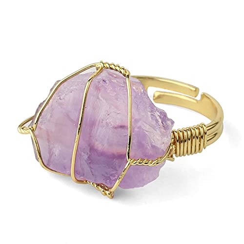 Healing Chakra Crystal Ring Handmade Wire Wrap Natural Rock Rings Adjustable Natural Crystal Original Stone Ring Retro Gemstone Opening Wired Wrapped Rings Jewelry-Purple Amethyst