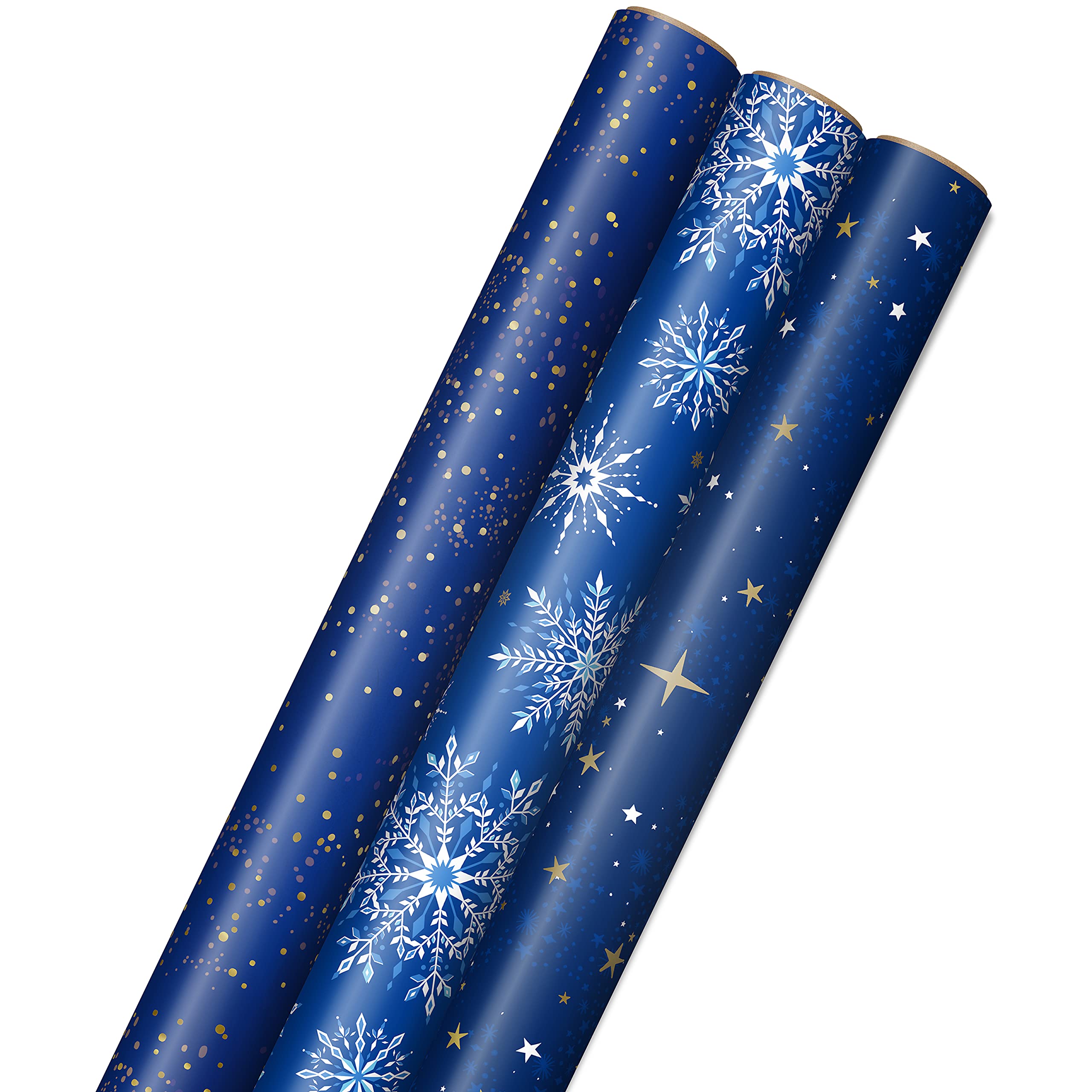 Hallmark Blue Wrapping Paper with Cut Lines on Reverse (3 Rolls: 120 sq. ft. ttl) Starry Snowflakes, Winter Galaxy, Navy Blue, Gold for Birthdays, Graduations, Winter Weddings