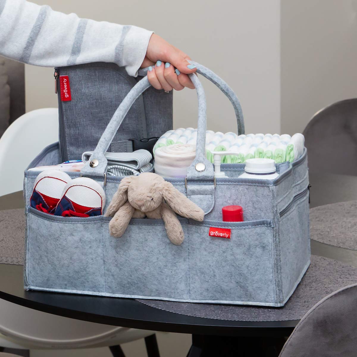 Groverly Baby Diaper Caddy Organizer - Baby Gift Basket | Portable Nursery Changing Table Storage Bag | Removable Handles Grey | Arts Craft Toy Caddy