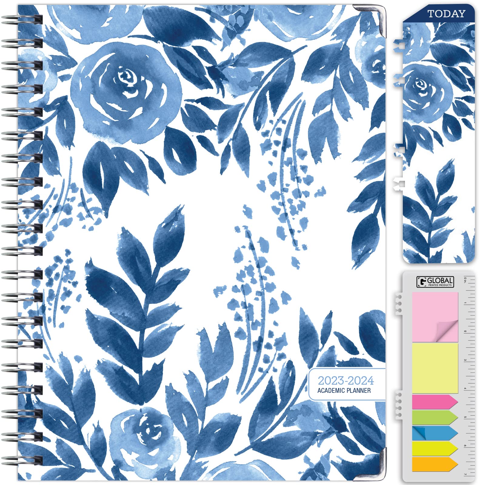 HARDCOVER Academic Year 2023-2024 Planner: (June 2023 Through July 2024) 8.5"x11" Daily Weekly Monthly Planner Yearly Agenda. Bookmark, Pocket Folder and Sticky Note Set (Blue Bloom)