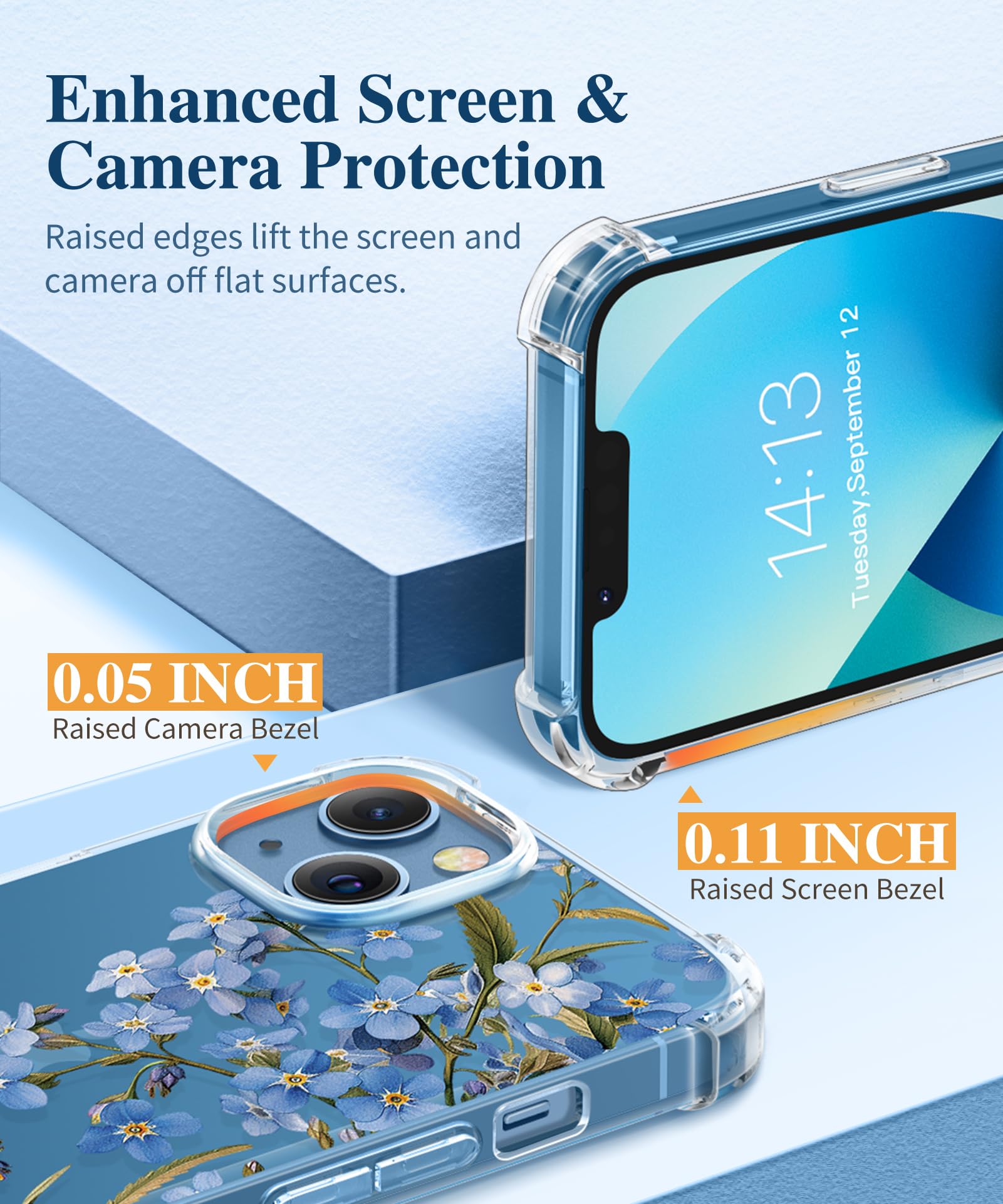 GVIEWIN Designed for iPhone 13 Case 6.1 Inch, with Tempered Glass Screen Protector + Camera Lens Protector Clear Flower Soft & Flexible Shockproof Floral Women Phone Cover (Heart/Pink)