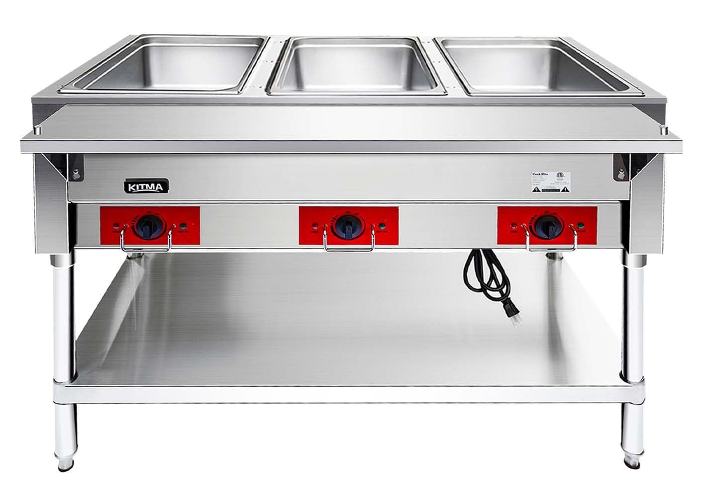 KITMA 3 Bay Steam Table - Open Well Commercial Electric Food Warmer, 120V, Full Size