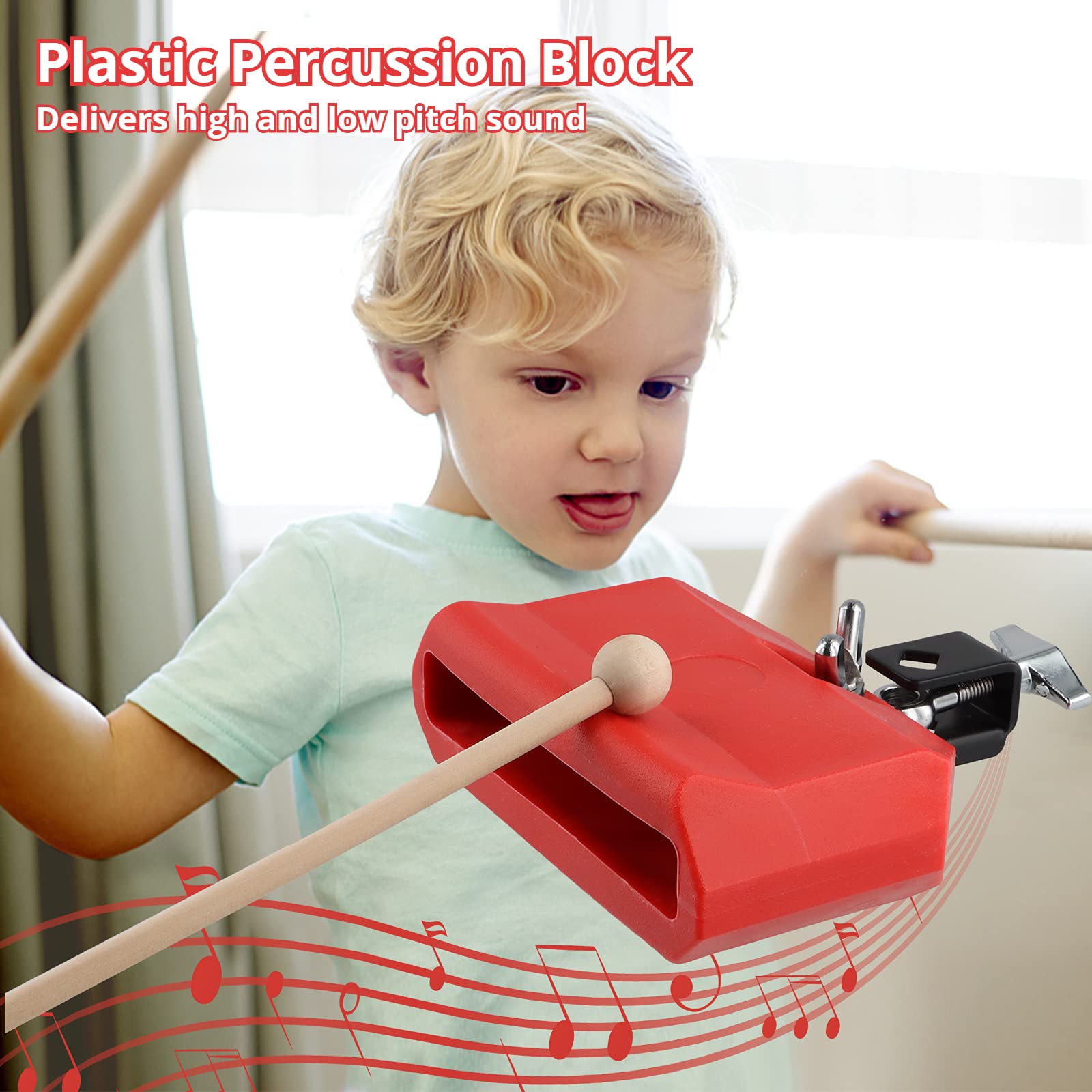 Jam Block, Plastic Cowbell Jam Drum Block with a Drumstick, Musical Percussion Block with Adjustable Mounting Bracket, Latin Drum Instrument, Red