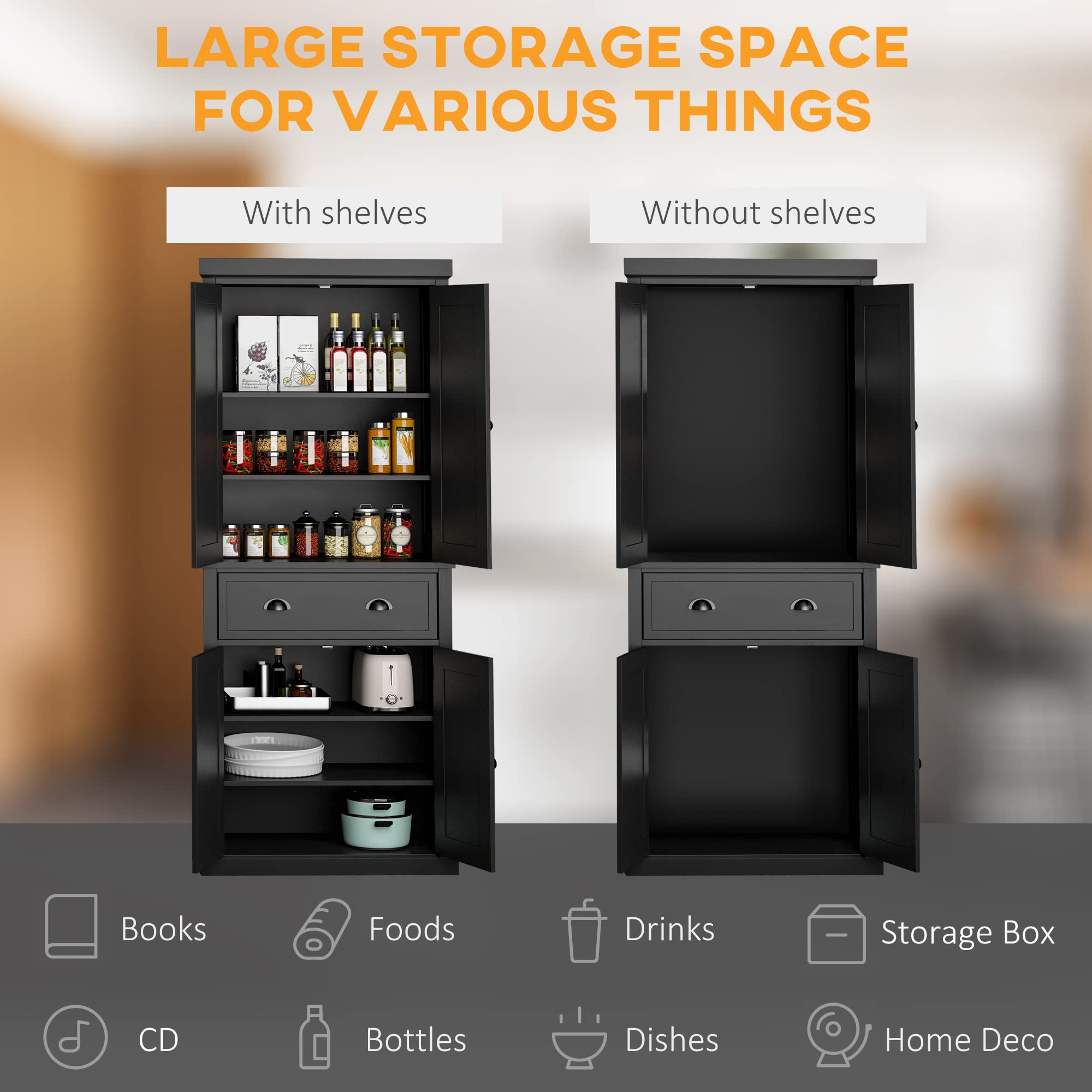 HOMCOM 72.5" Kitchen Pantry Cabinet, Traditional Freestanding Storage Cabinet with 4 Doors, Drawer and 3 Adjustable Shelves for Dining Room, Brown