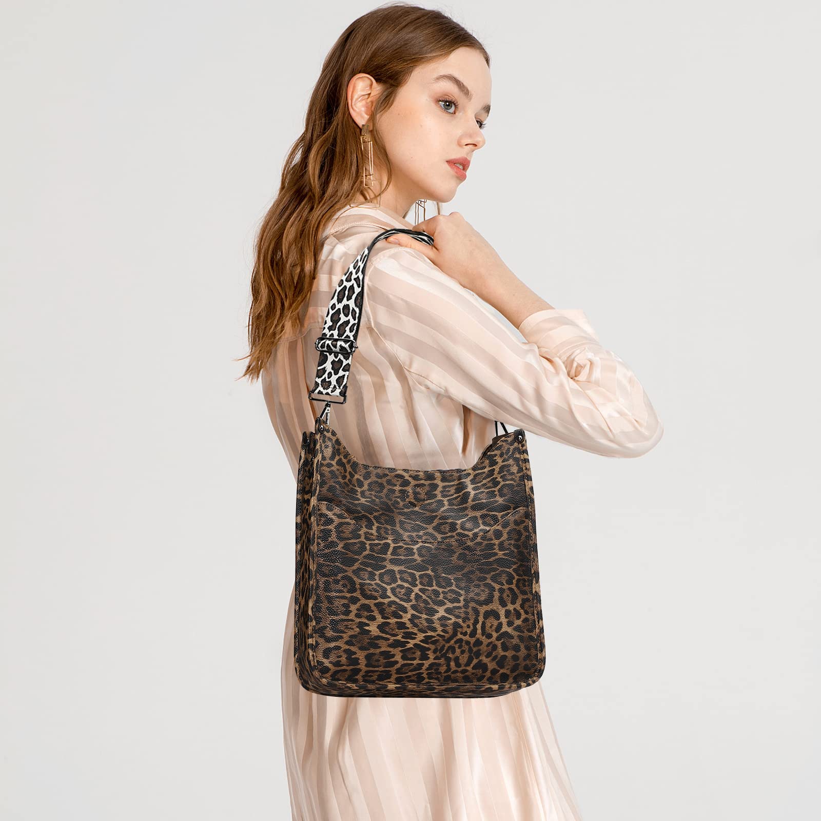 Hobo Handbags for Women PU Leather Designer Shoulder Purse Wide Strap Crossbody Bags (Brown Leopard)