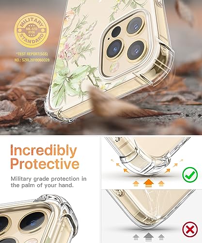 GVIEWIN for iPhone 12 Case and iPhone 12 Pro Case with Screen Protector + Camera Lens Protector, Clear Floral Flexible TPU Shockproof Women Girls Flower Phone Case 6.1"(Peach Blossom/Yellow)