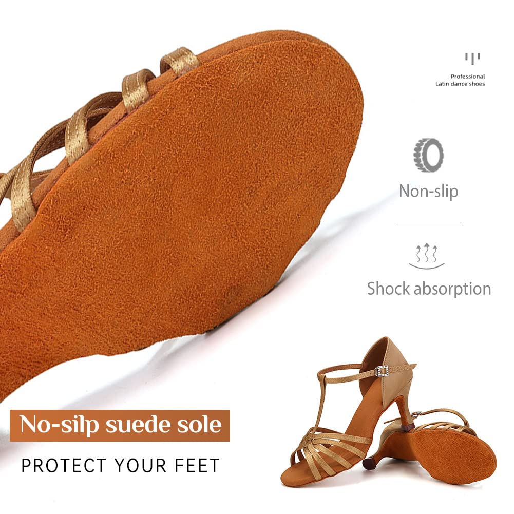 JUODVMP Women Latin Dance Shoes Beige Satin Ballroom Performance Salsa Tango Practice Dance Shoes 3inch High Heel Model WX217,7.5 US