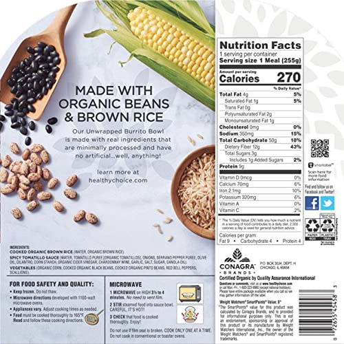 Healthy Choice Simply Organic Vegan Frozen Unwrapped Burrito Bowl - Fire Roasted Corn - Red Bell Peppers - Ready Set Gourmet Donate a Meal Program - 8 Pack (9.25oz Each)