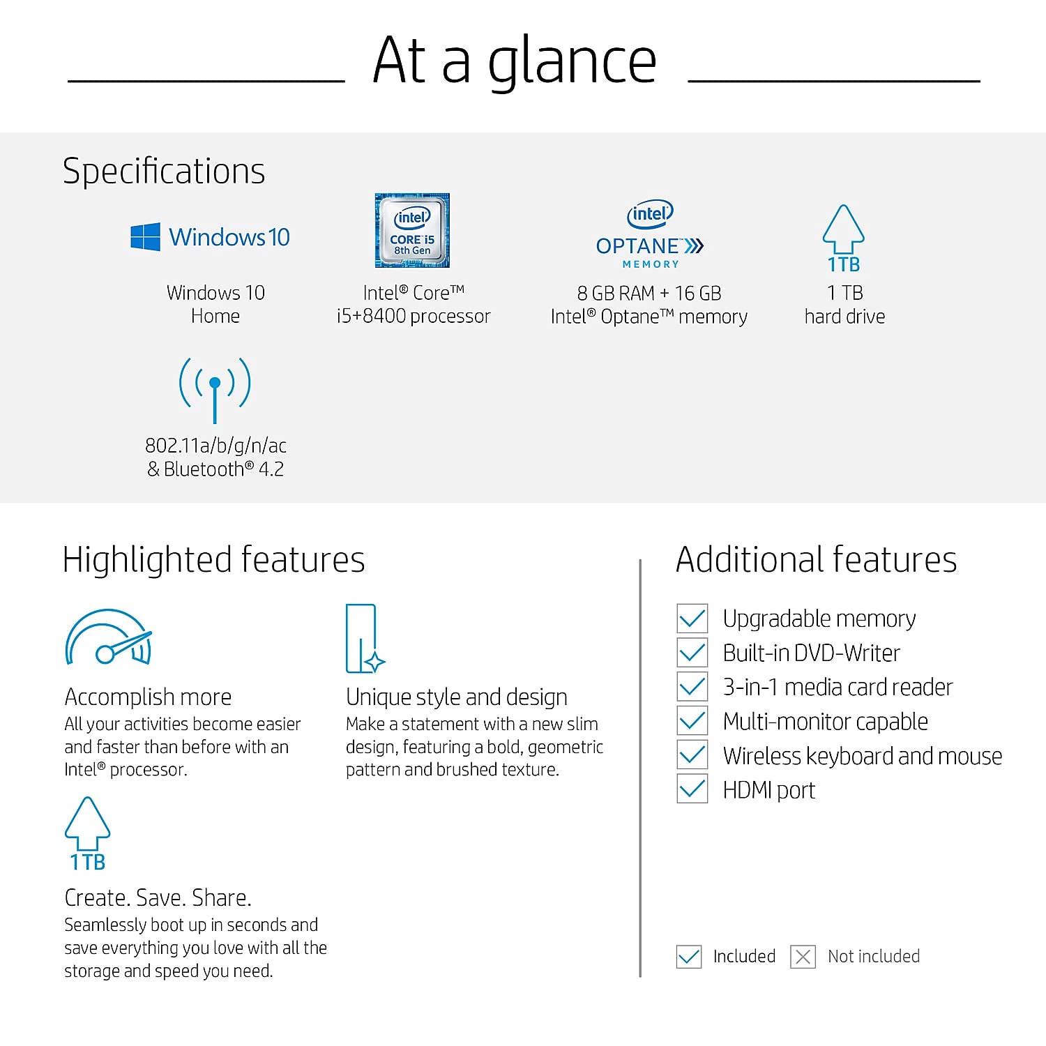 HP Pavilion (590-p0050) Desktop Computer with Intel Core i5+8400 Processor, 8GB RAM and 16 GB Intel Optane Memory, 1TB Hard Drive, Windows 10 (Silver)