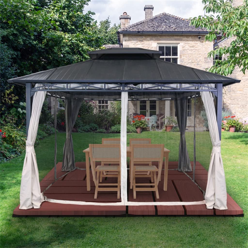 GXBPY 12 Ft. X 10 Ft. Black 2-Tier Double Roof Metal Hard Top Gazebo with Curtains and Netting