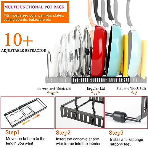 HAOWUJIN Pot And Pan Organizer For Cabinet, 10 Adjustable Pot Lid Organizer For Cabinet Expandable Cookware Baking Cookie For Kitchen Cutting Board Bakeware Organizer For Cabinet