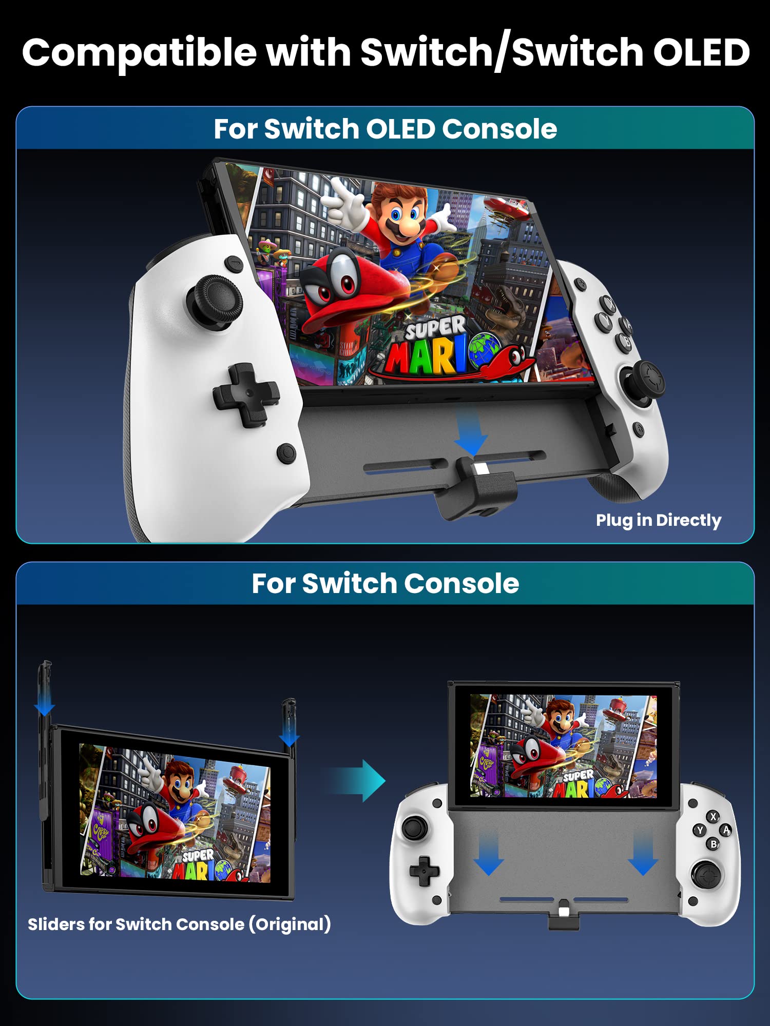 MAINICHI Ergonomic Controllers for Nintendo Switch/Switch OLED Handheld Mode, One-Piece Split-Pad Design with 6-Axis Gyro, Back Button Mapping, Vibration, PD Fast Charge (White)