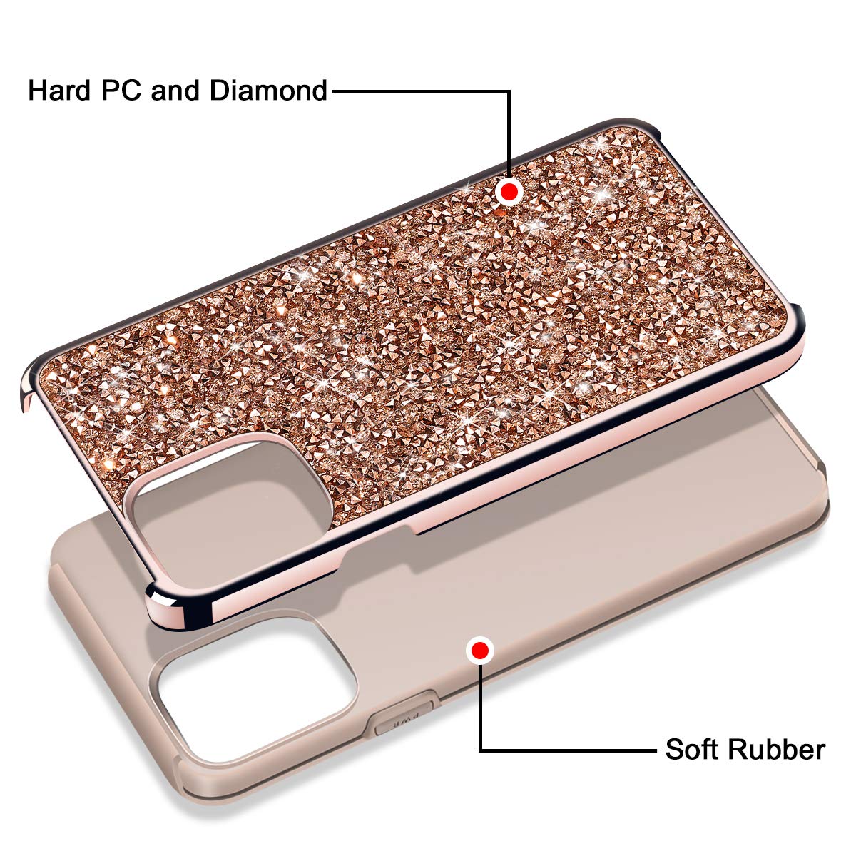 HoneyAKE Compatible with iPhone 12 Pro Max Case Bling Rhinestone Sparkly Crystal Diamond Shockproof Handmade Dual Layer Hard Rubber Bumper Protective Cover Compatible with iPhone 12 Pro Max Rose Gold