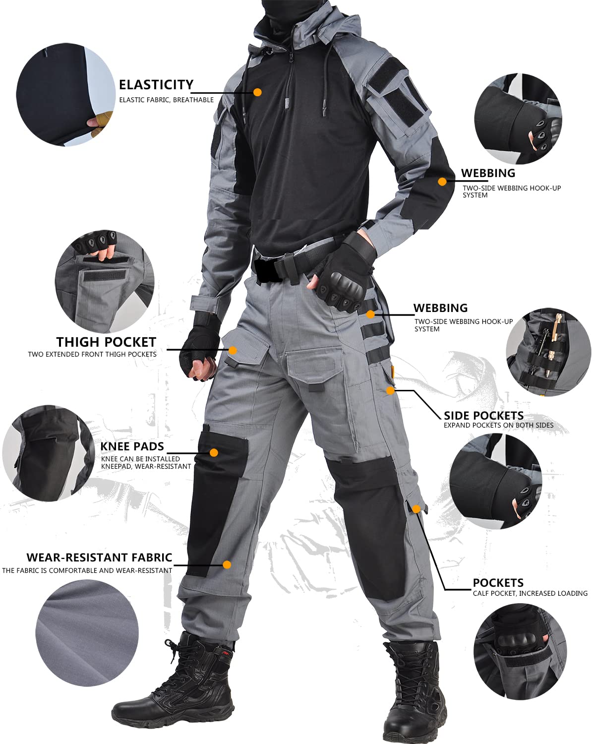 HAN·WILD Men's Tactical Suit Combat Pants and Shirts with Hood Military Uniform Airsoft Clothing with Knee Pads(GRAY)