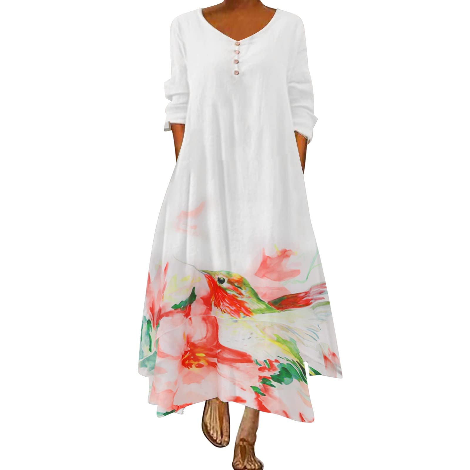 Jean Linen Dress for Women Summer 2023 Casual Long Sleeve V Neck Beach Irregular Loose Elegant Button Maxi Red