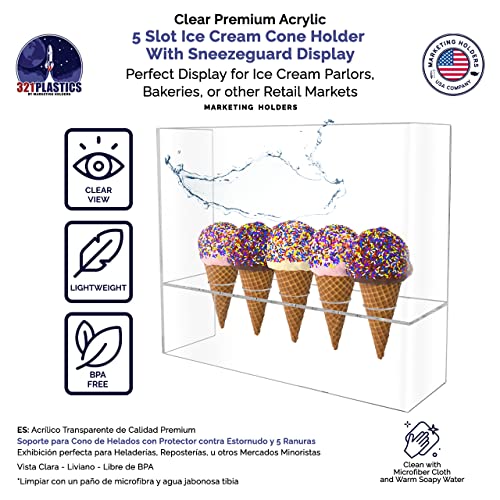 Ice Cream Cone Holder 5 Slot Clear Acrylic Countertop Dessert Display with Sneeze Guard No Assembly for Restaurants Catered Events and Buffets by Marketing Holders