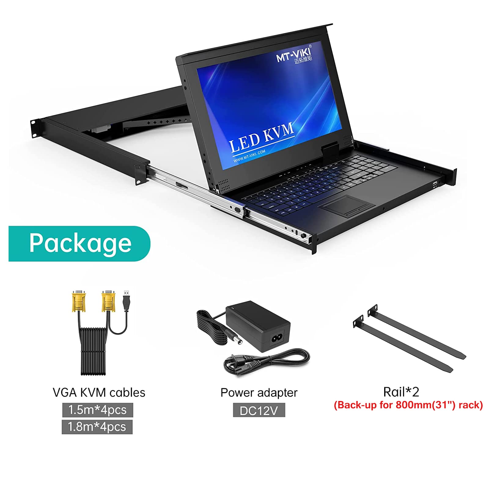 MT-VIKI 1U Rack Mount KVM Console, 8 Port KVM VGA Switch w/15.6'' LCD Monitor, 1080P, Mount into 23.6-31.5 inch deep Server Cabinet, Integrated Touchpad+Keyboard+8 KVM Cables